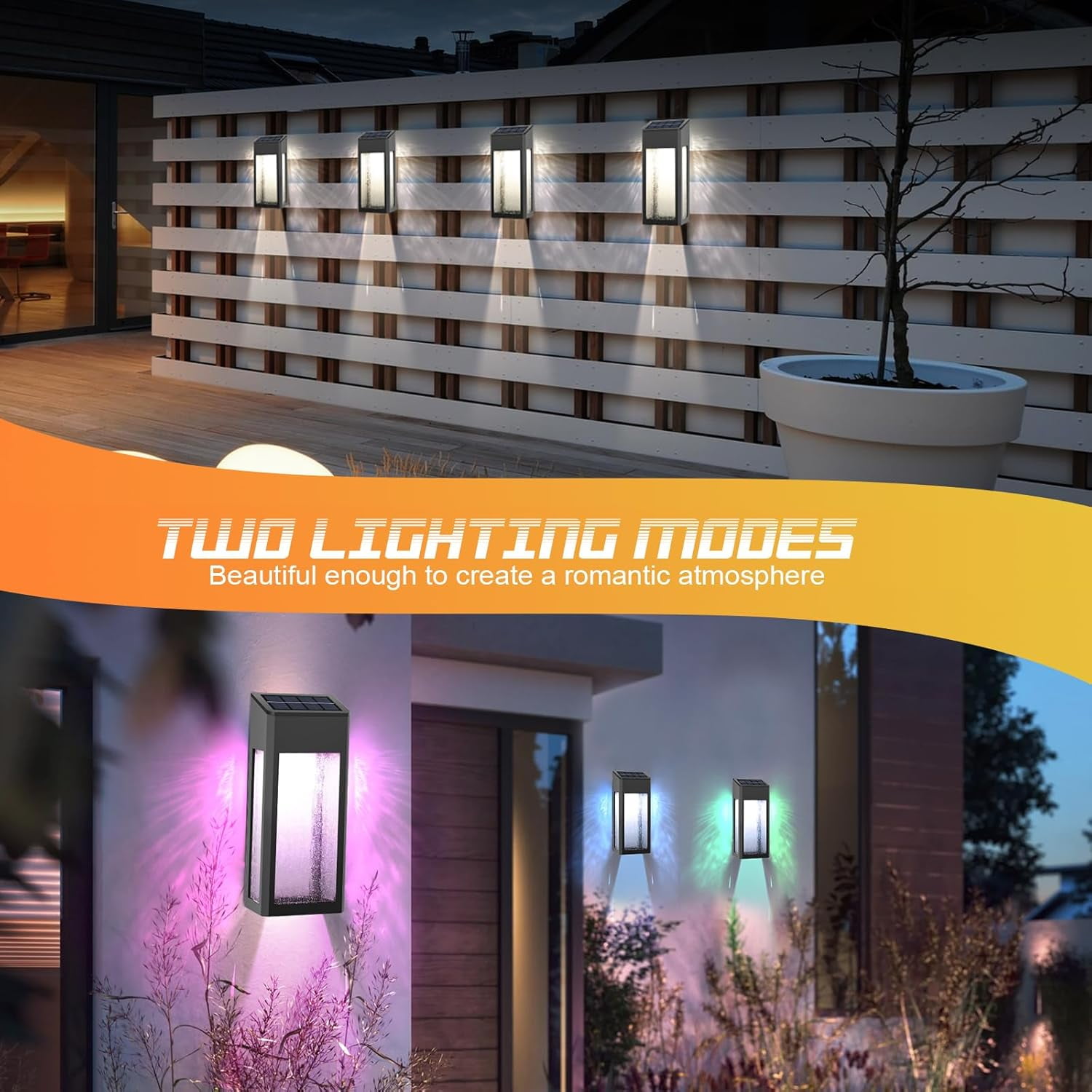 Solar Wall Lights, Metal Fence Lights Solar Powered, LED Waterproof with RGB/Warm White for ...