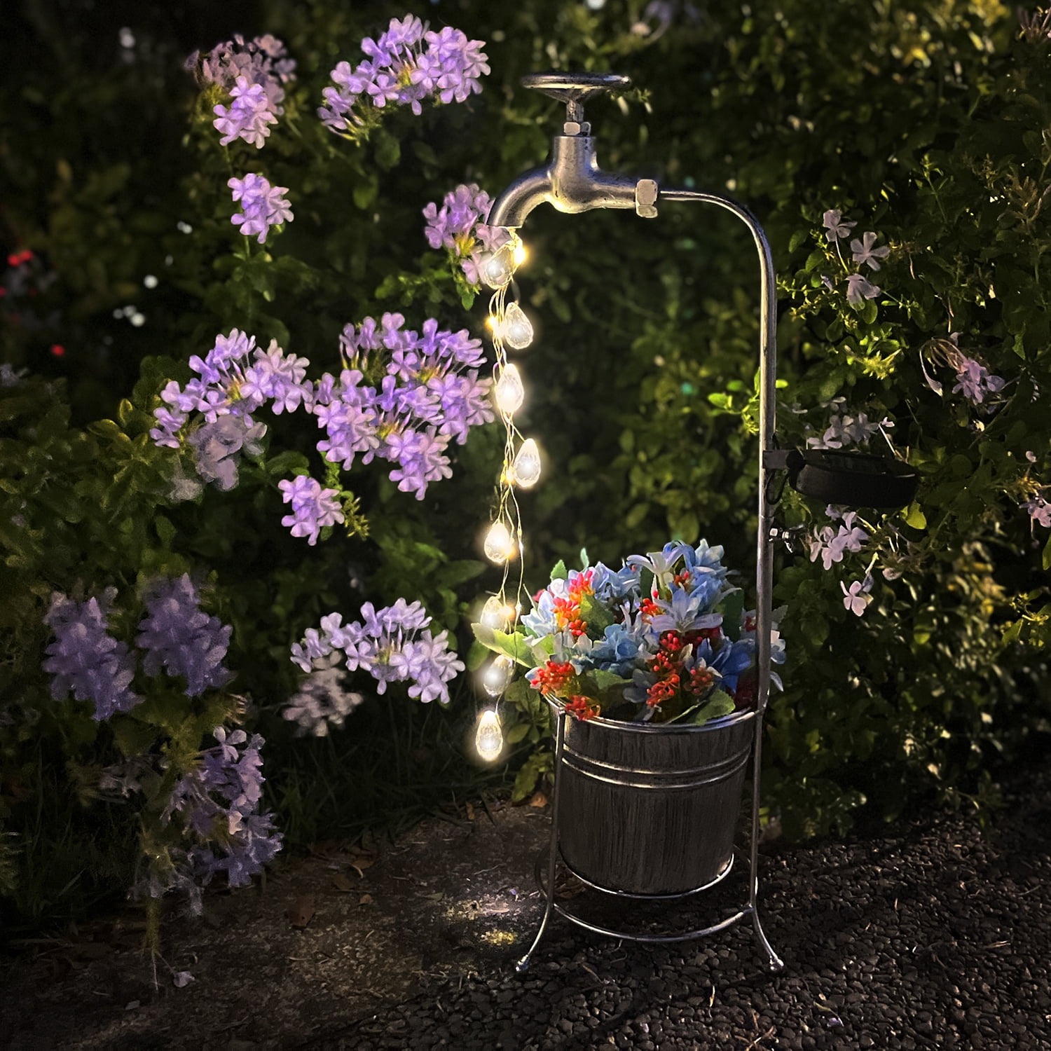 Solar Water Faucet Metal Flower pot with Flicking Lights Led Garden ...