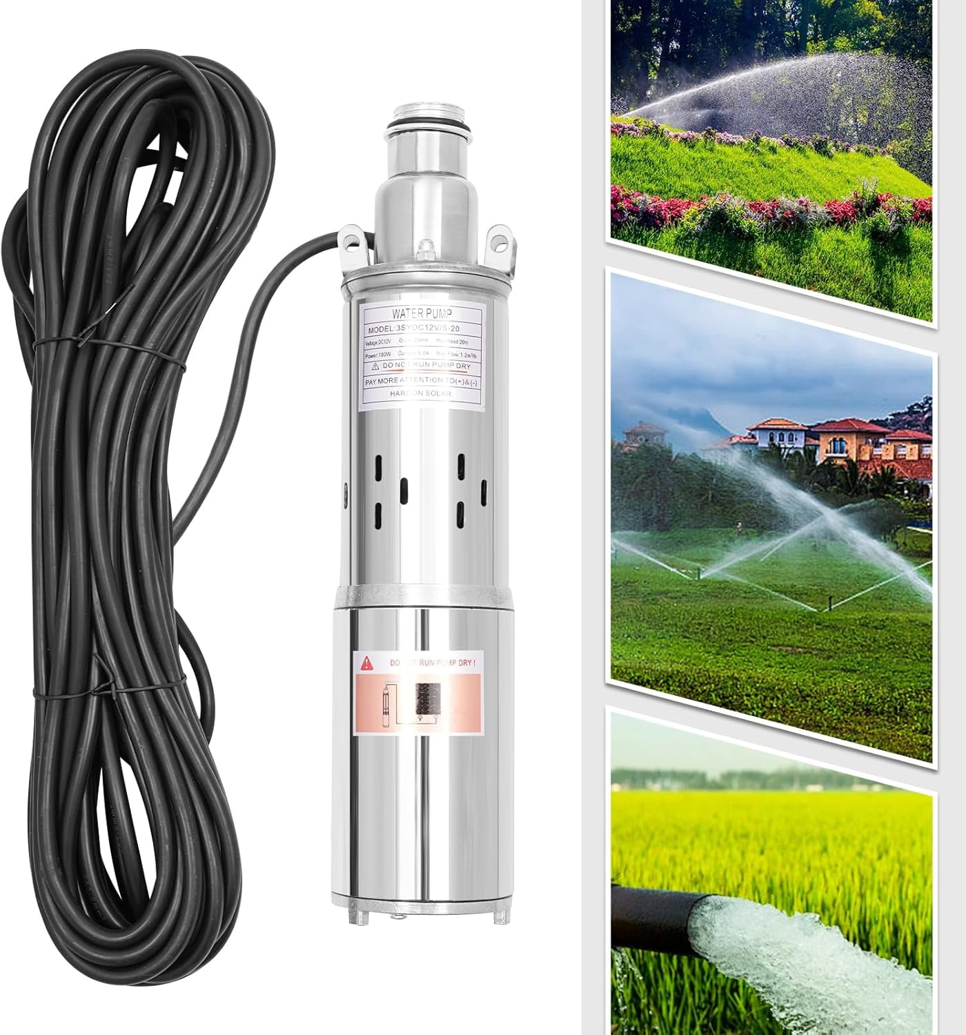Solar Water Pump, 12V DC Submersible Deep Well Pump, Max. Head 65.62Ft ...