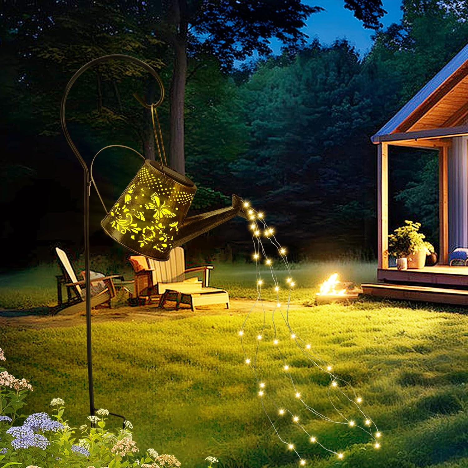 Solar Watering Can with Cascading Lights Metal Waterproof Garden Lights ...