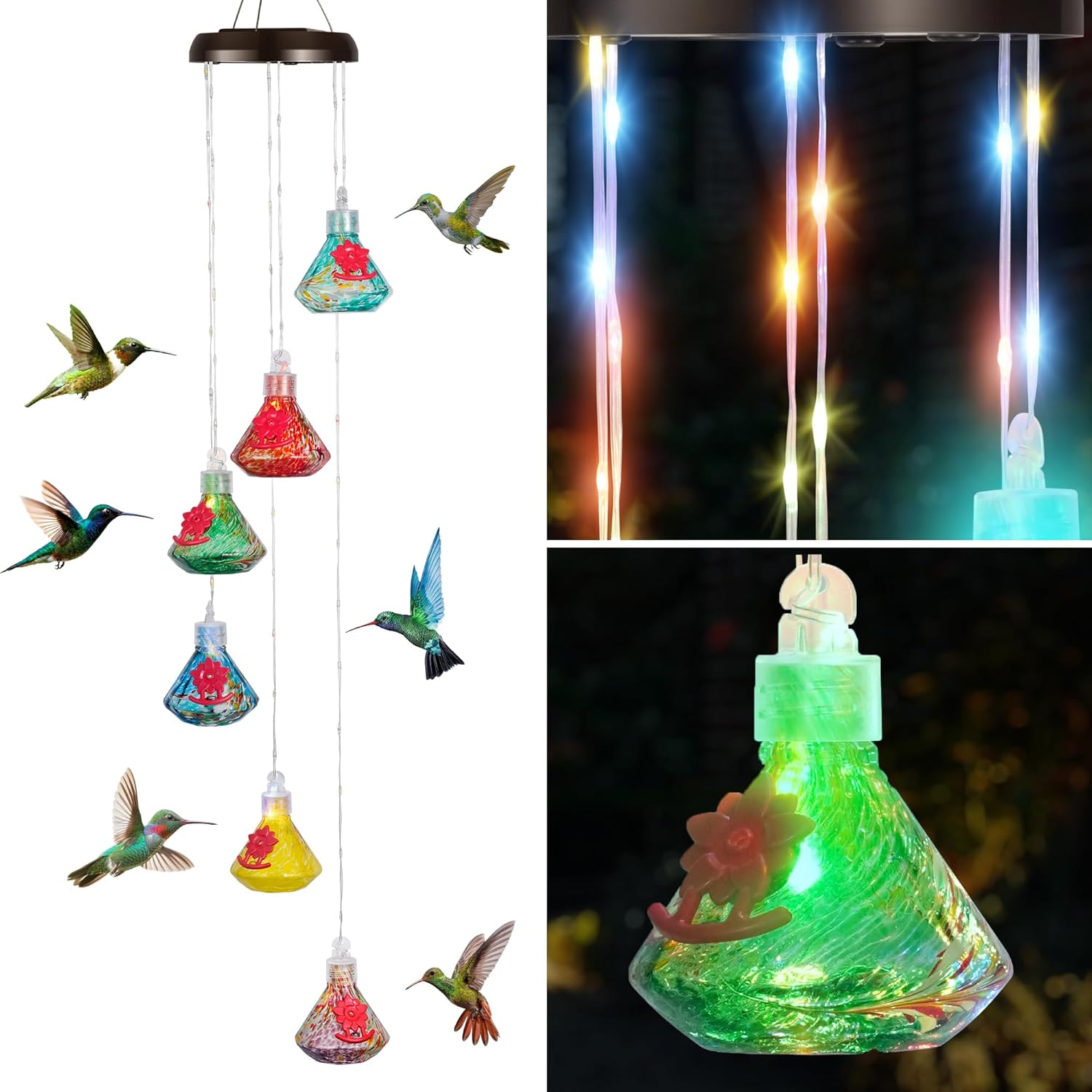 Solar Wind Chime Hummingbird Feeders for Outdoors, Lighted LED Wires, 6 ...
