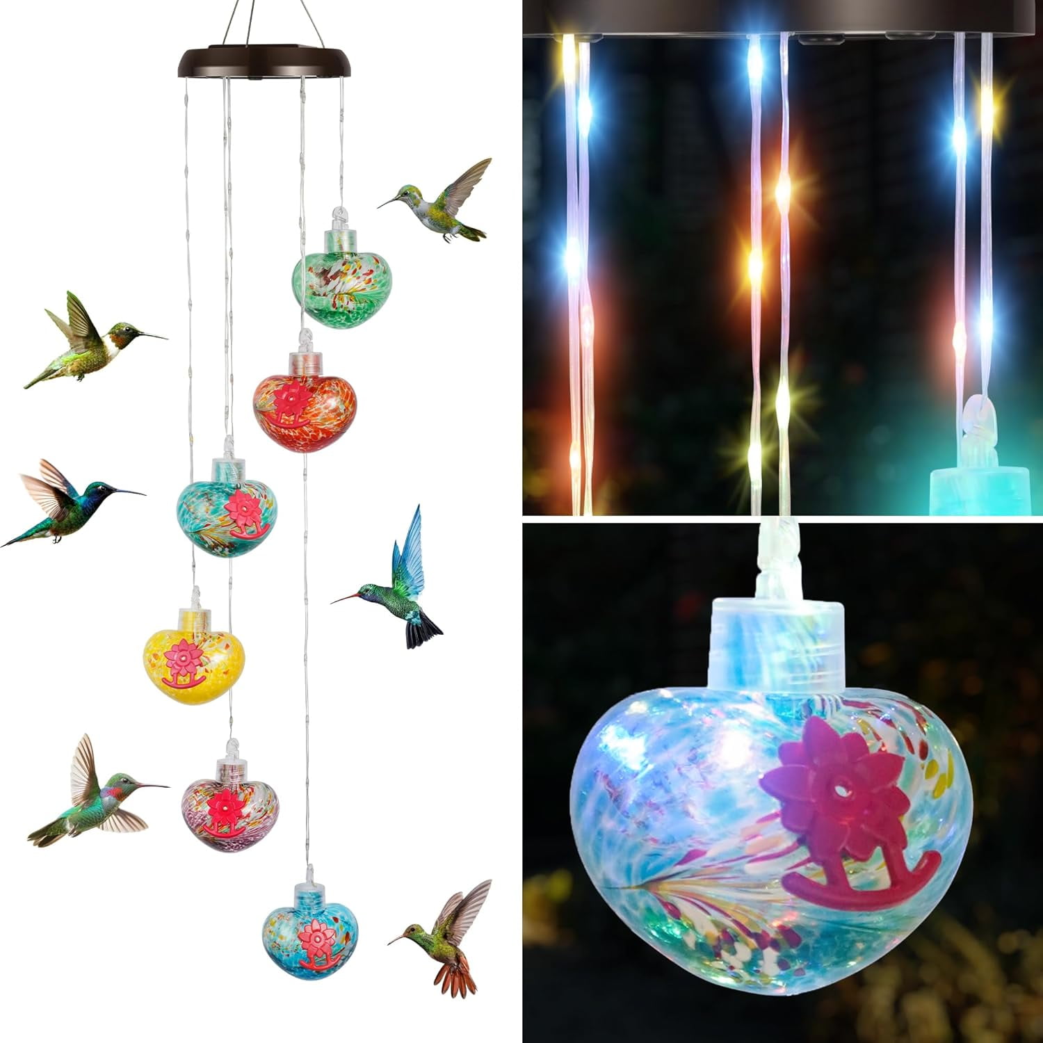 Solar Wind Chime Hummingbird Feeders for Outdoors, Lighted LED Wires, 6 ...