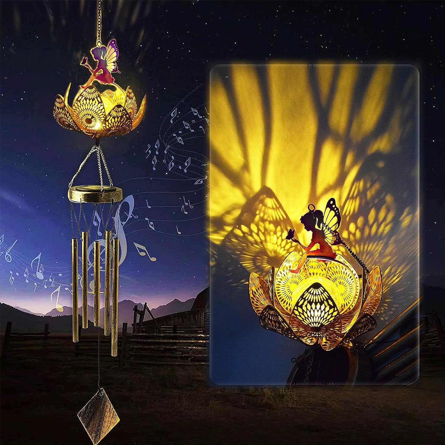 Solar Wind Chime Light, Hanging Fairy Wind Chime Flower Light Decor ...