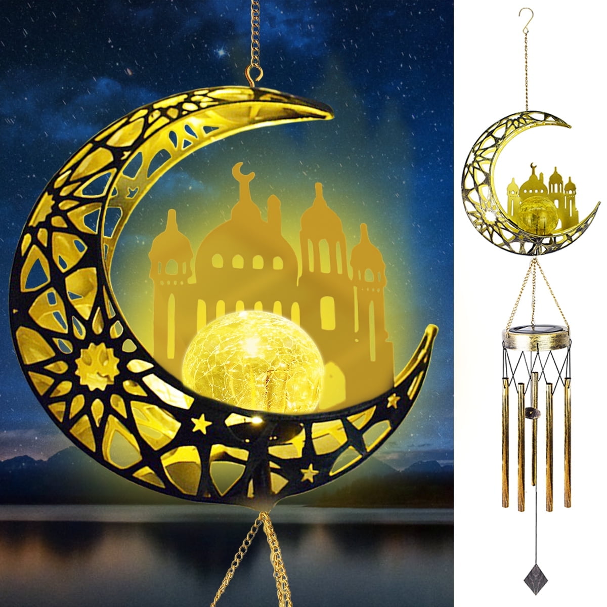 Solar Wind Chimes, Castle Wind Chime Outdoor, Crackle Glass LED Unique ...