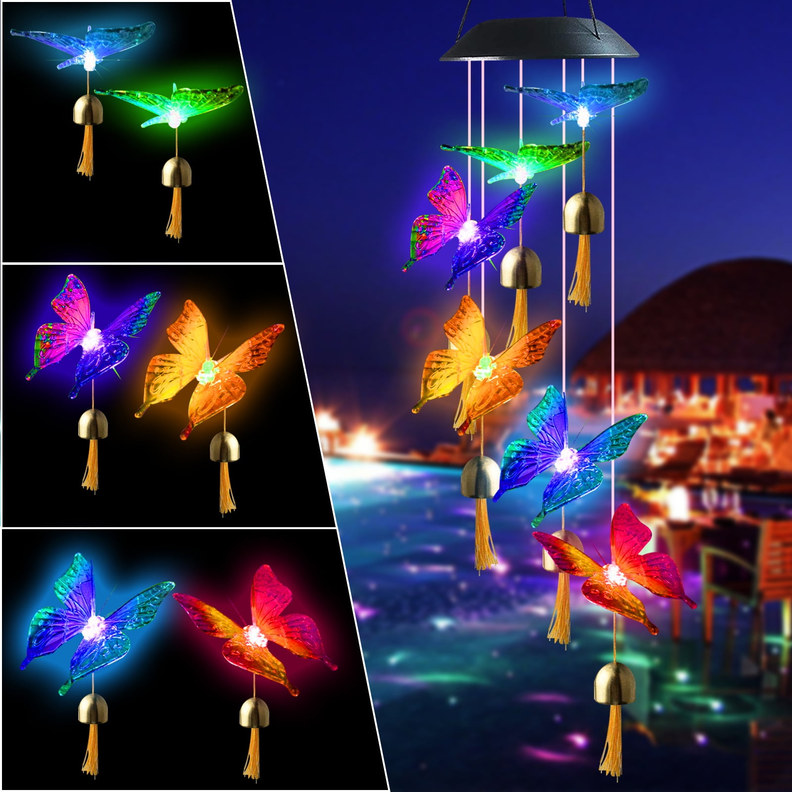 Solar LED Wind Chimes, Outdoor Color-Changing Butterfly Decoration ...