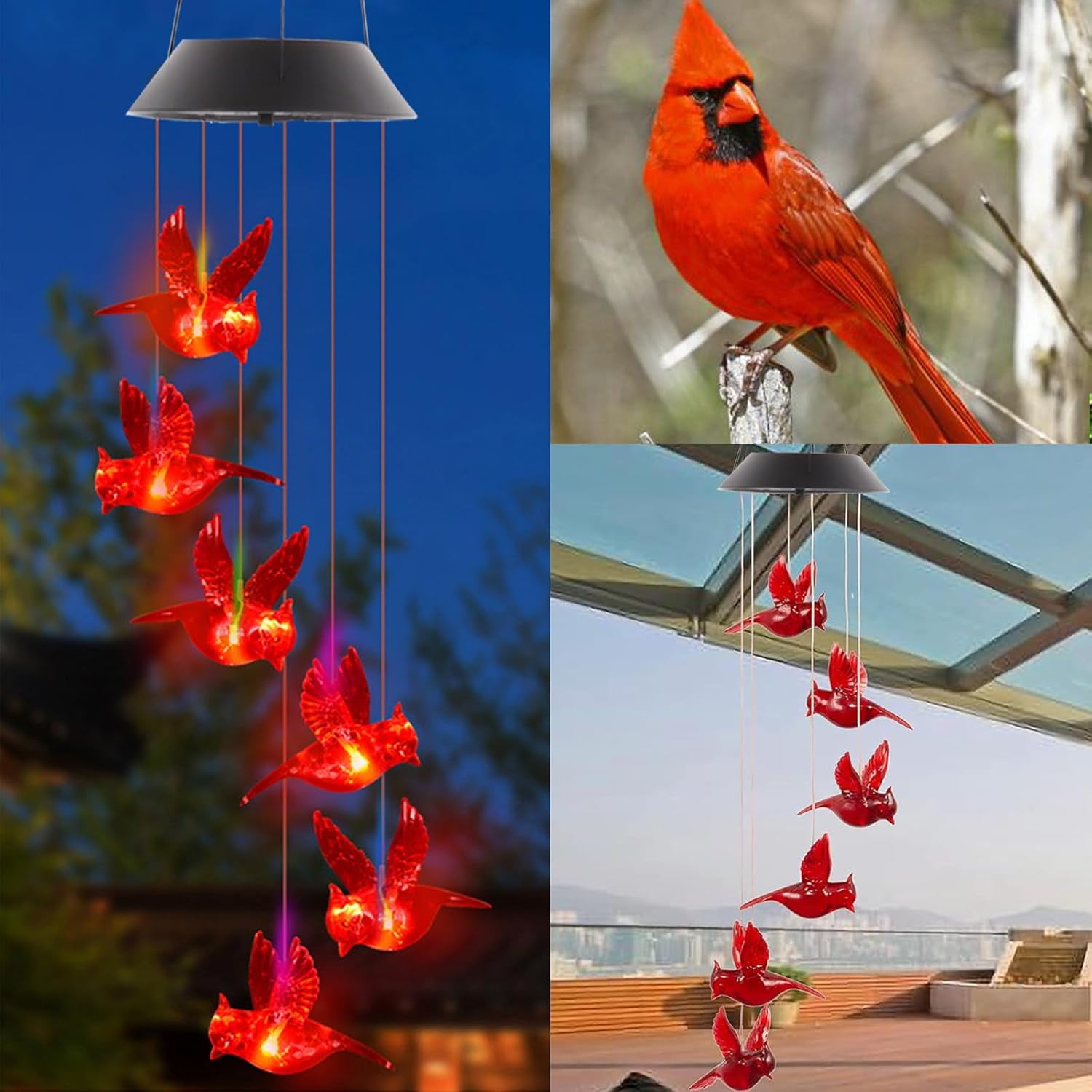 Solar Wind Chimes for Outside, Cardinal Solar Hanging Lights Outdoor ...