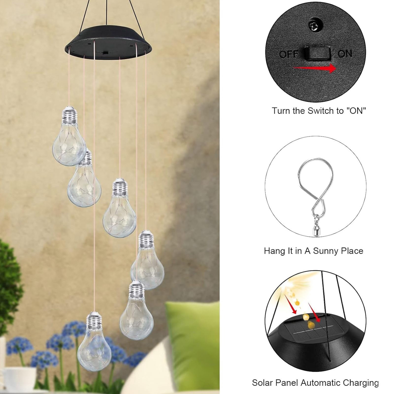 Solar Wind Chimes for Outside, Light Bulb Style Hanging Solar Lights ...