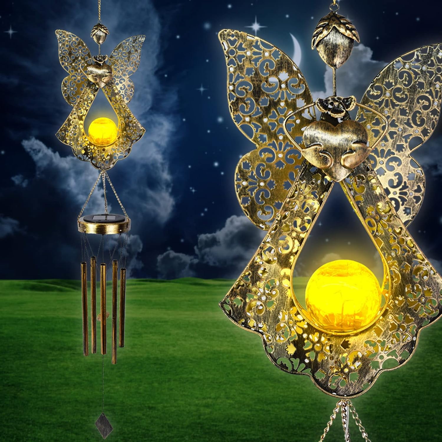 Solar Wind Chimes, Retro Angel LED Wind Chimes Outdoor Waterproof ...