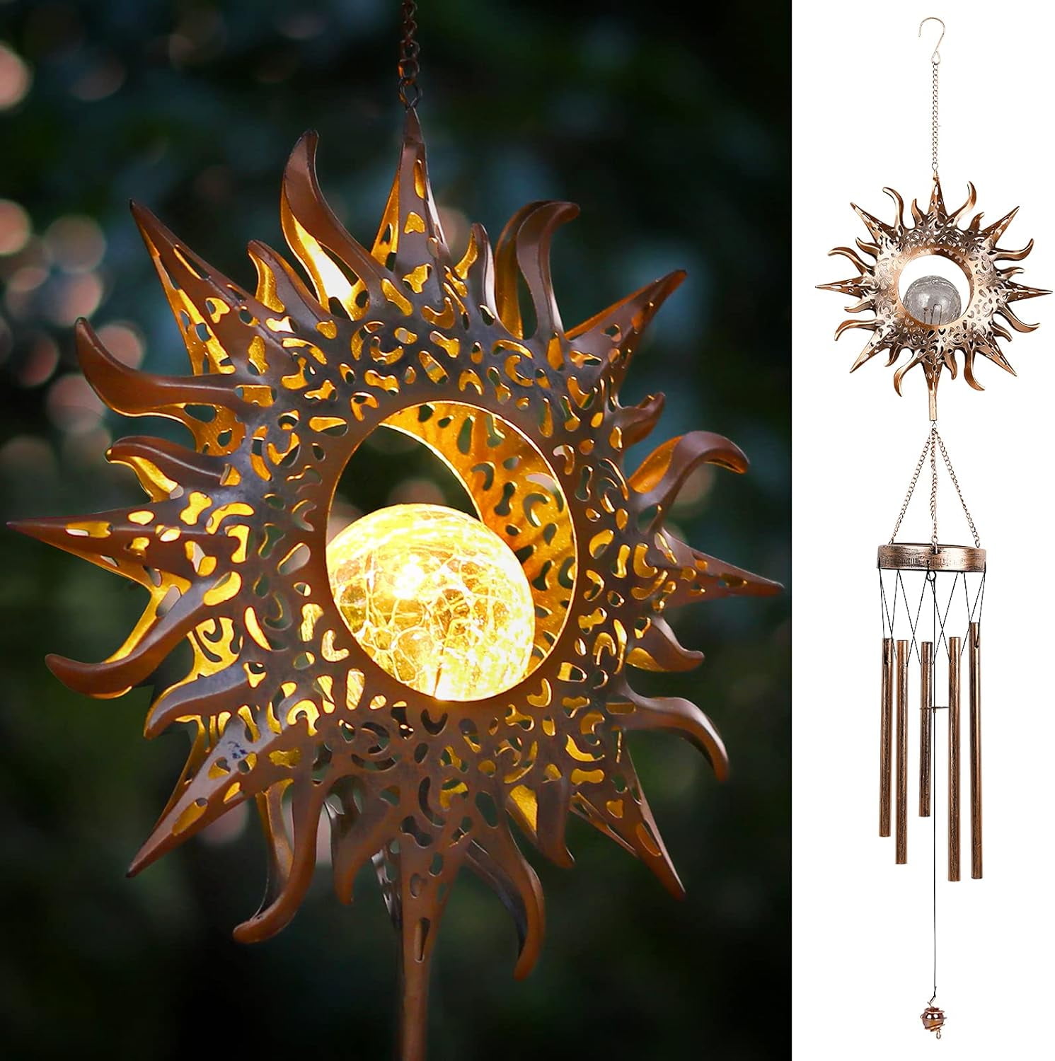 Solar Wind Chimes, Sun Wind Chime Outdoor with Glowing Crackle Glass ...