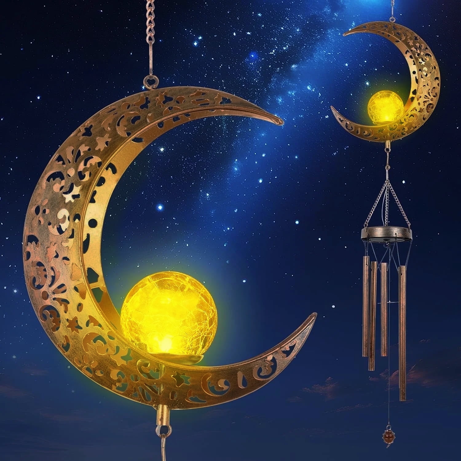 Qoosea Solar Wind Chimes Waterproof Moon Crackle Glass Ball Garden ...