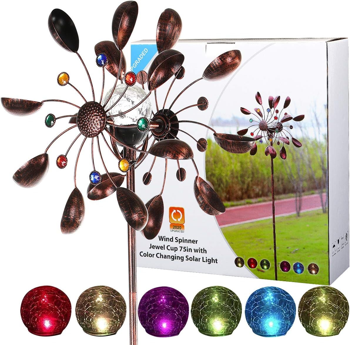 Solar Wind Spinner with Multi-Color LED Lighting By Solar Powered Glass ...