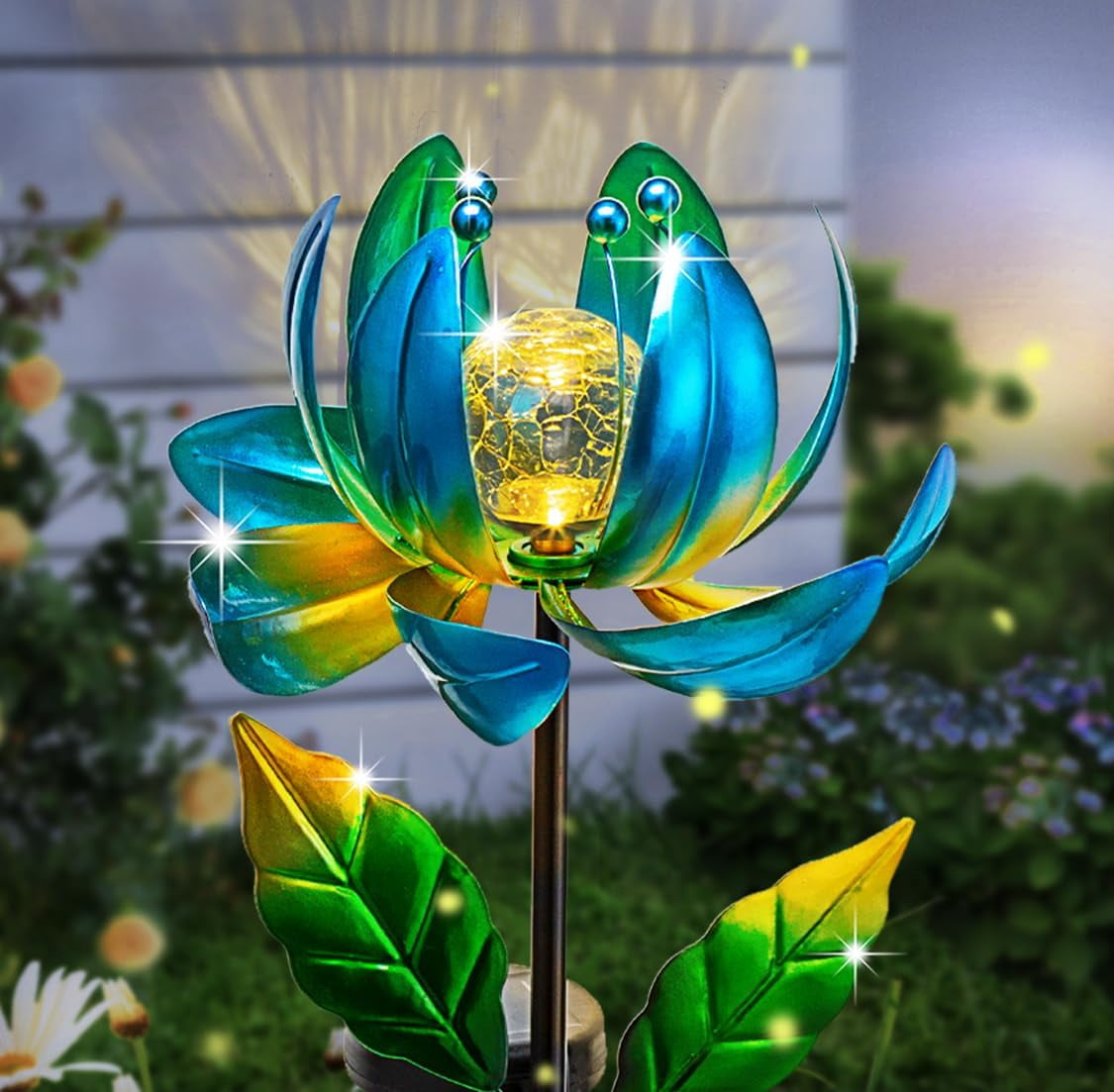 Solar Yard Lights Wind Spinners- Metal Lotus Flower Garden Decor LED ...