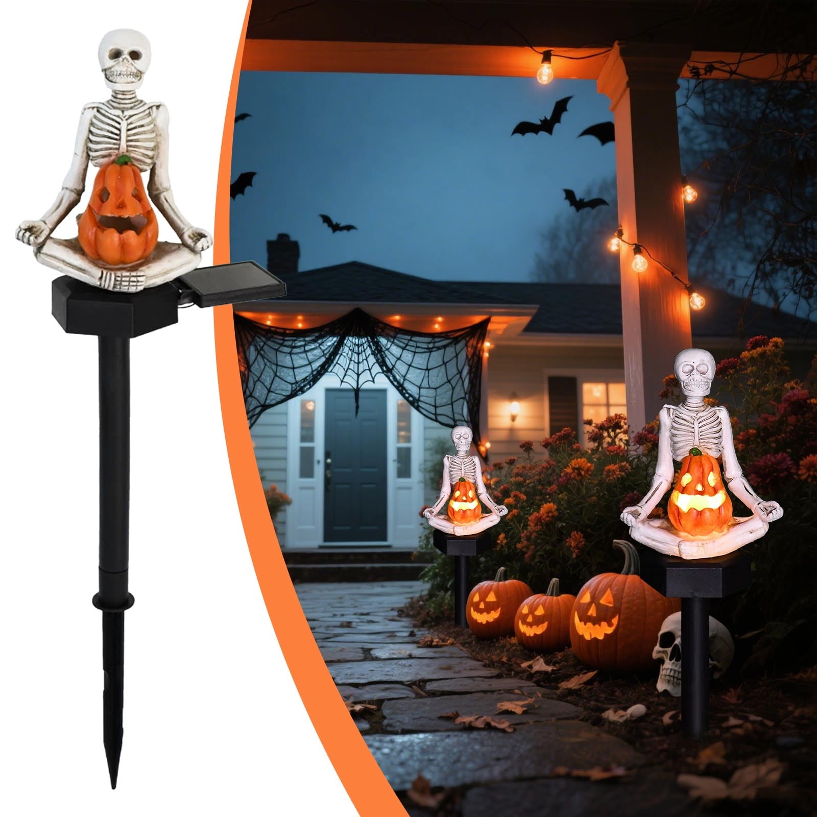 Solar Yoga Pumpkin Skull Light - Solar-Powered Halloween Garden Decor ...