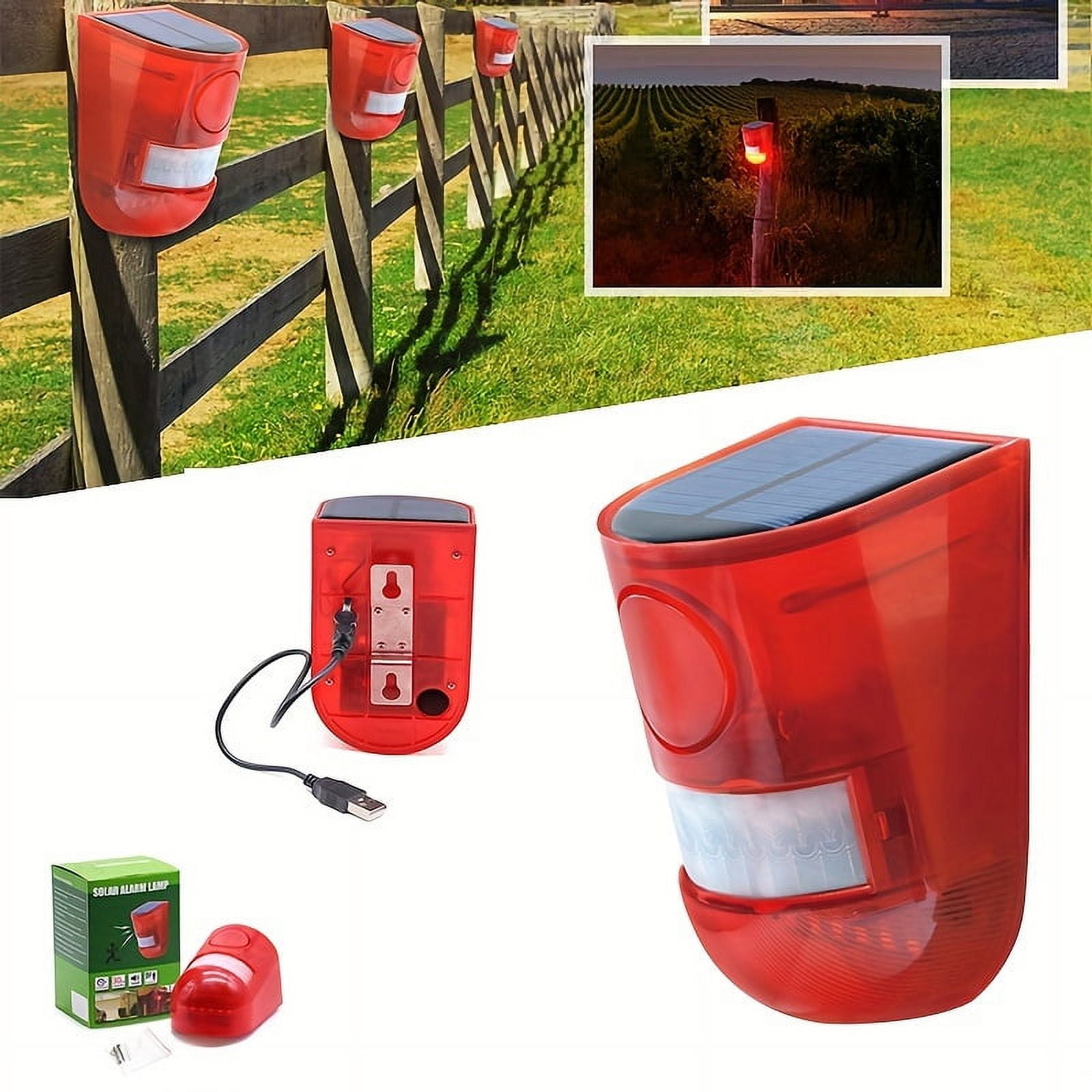 Solar safety alarm, durable 129db siren, 6LED flashing warning, 400mah rechargeable lithium ...