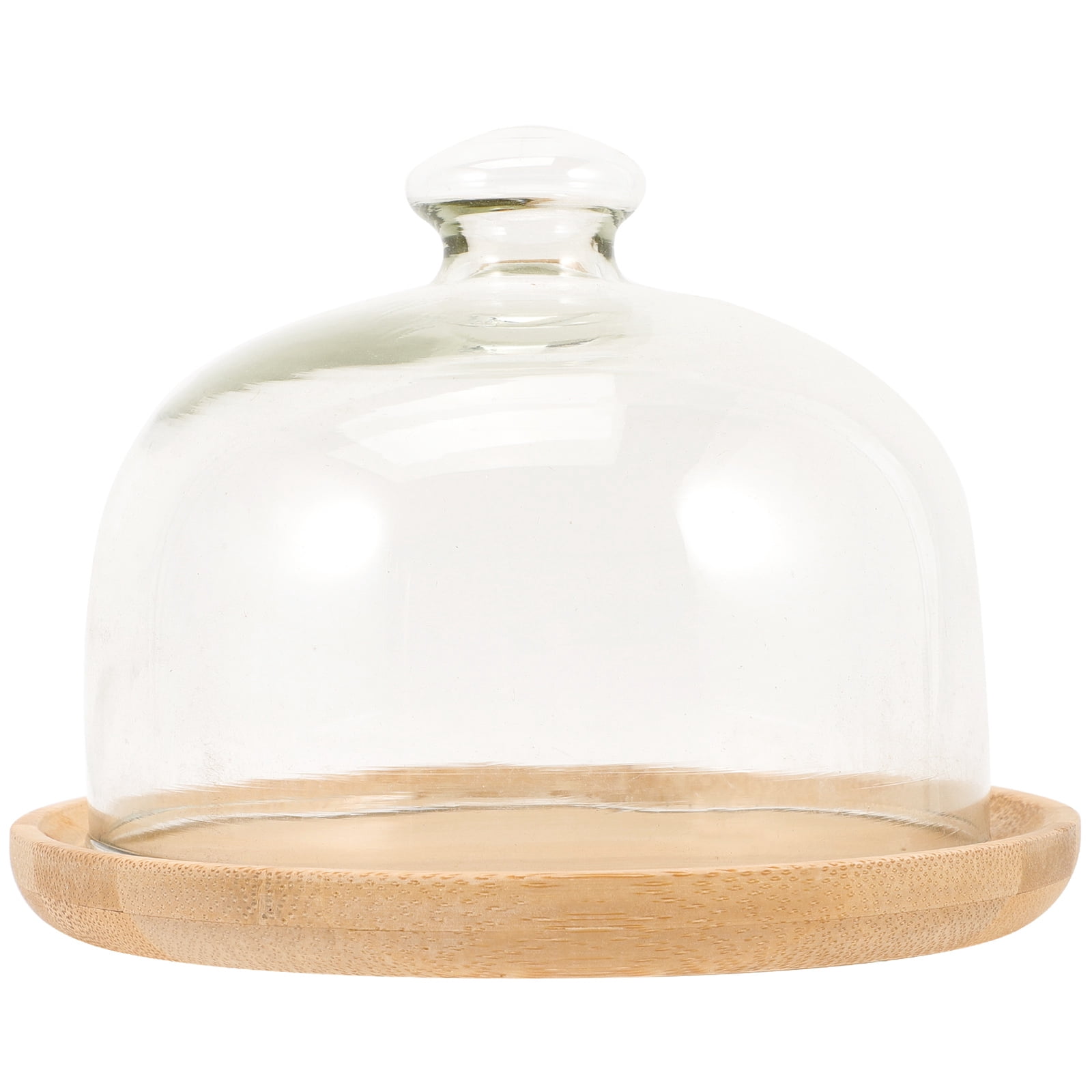 Sold Bamboo Cake Tray with Glass Lid Clear Glass Dome Round Cover Cake ...