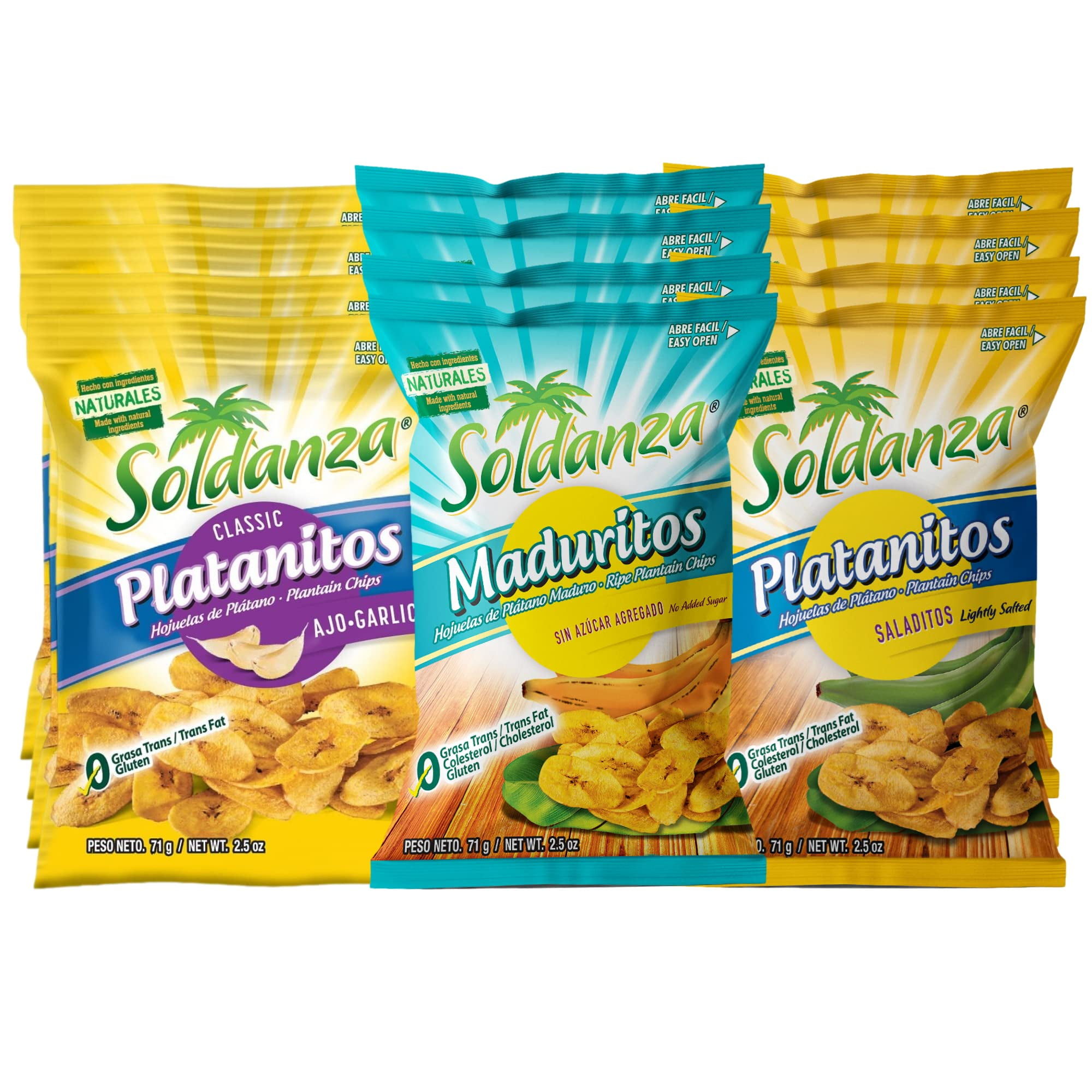 Soldanza Plantain Chips, Variety DNF2 Pack 2.5 oz (Pack of 12) 4 x Salted Plantain Chips, 4 x ...