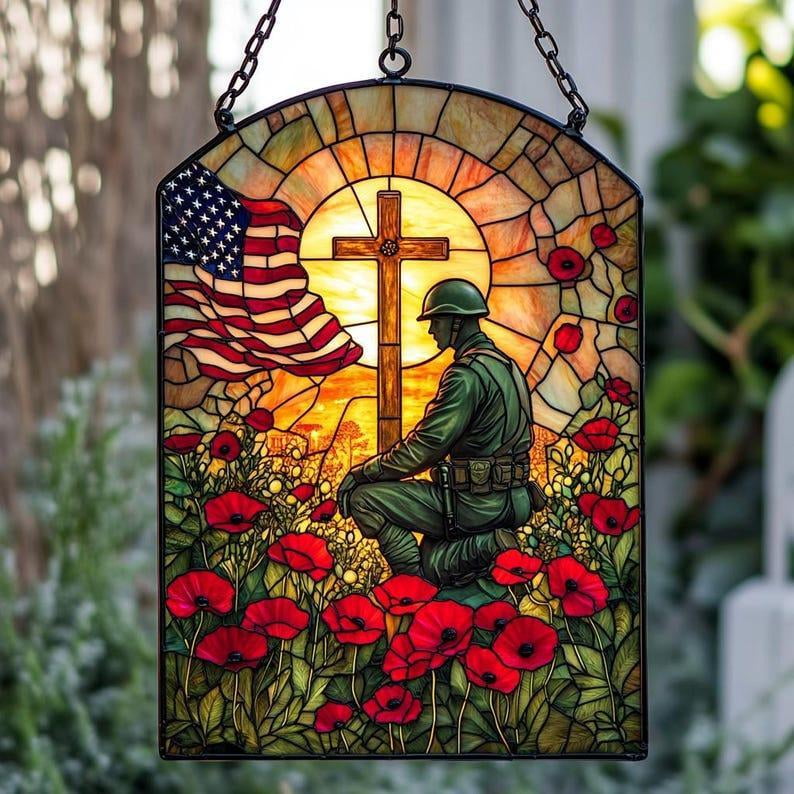 Soldier Memorial Acrylic Suncatcher – Patriotic Faux Stained Glass ...