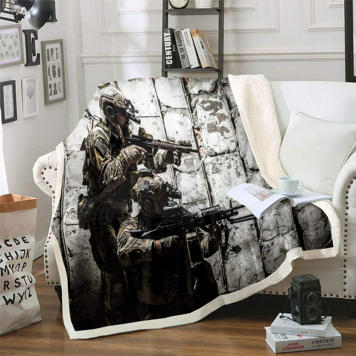 Soldier Plush Blanket Throw, Boys Teens Gun Sherpa Blanket, Army ...