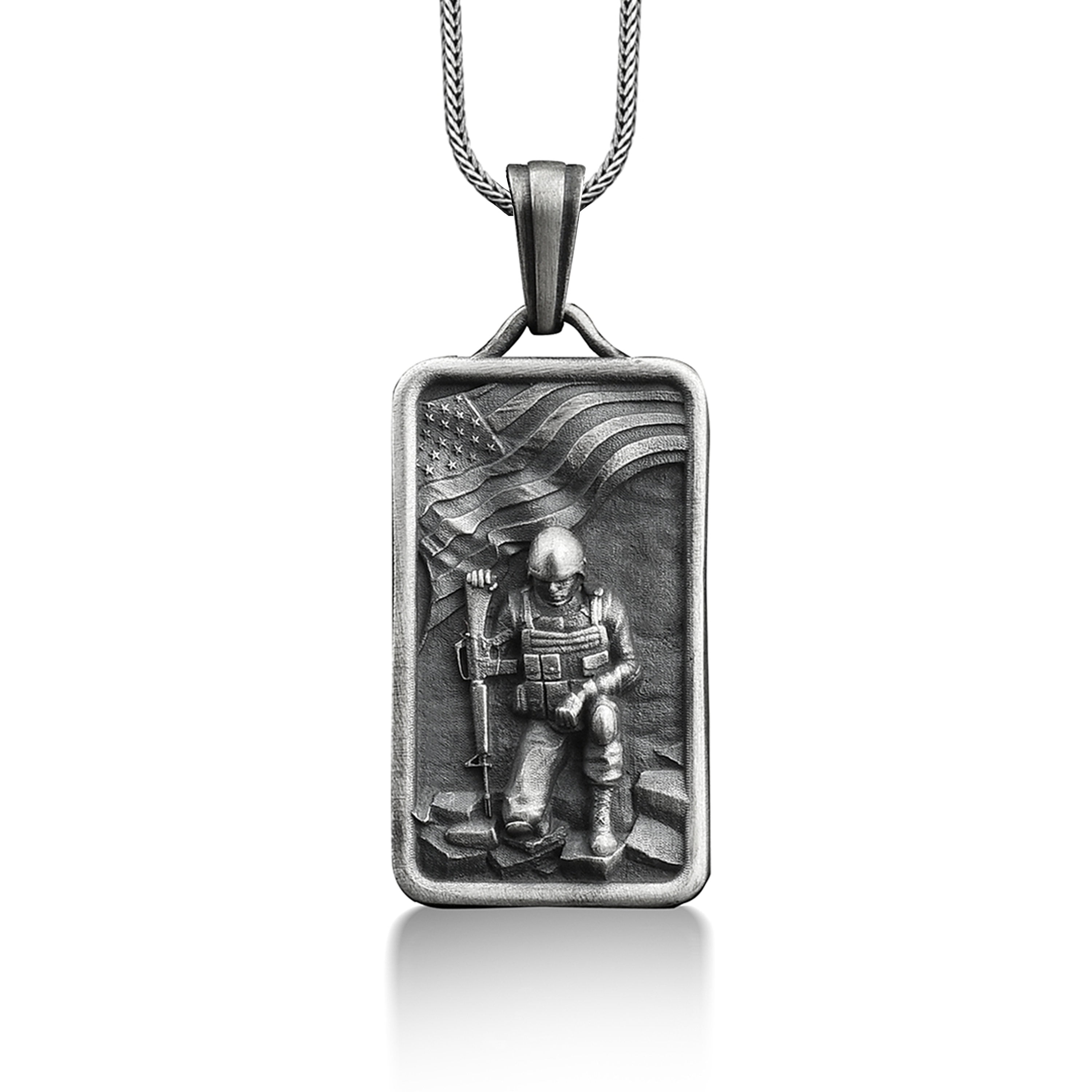 Soldier with american flag pendant with custom name, 925 sterling ...