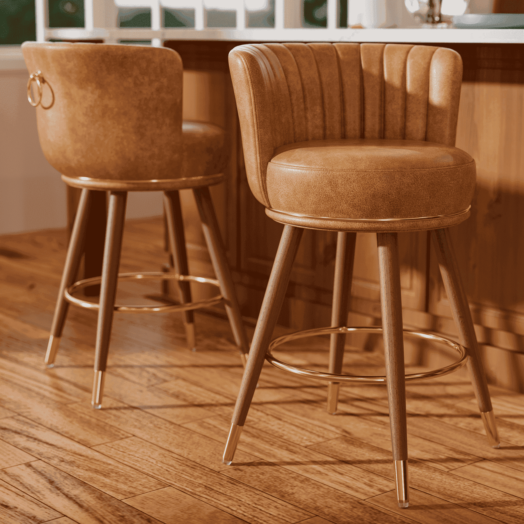 Genpo Swivel Counter Height Bar Stools Set of 2, 24 inch Brown Leather ...