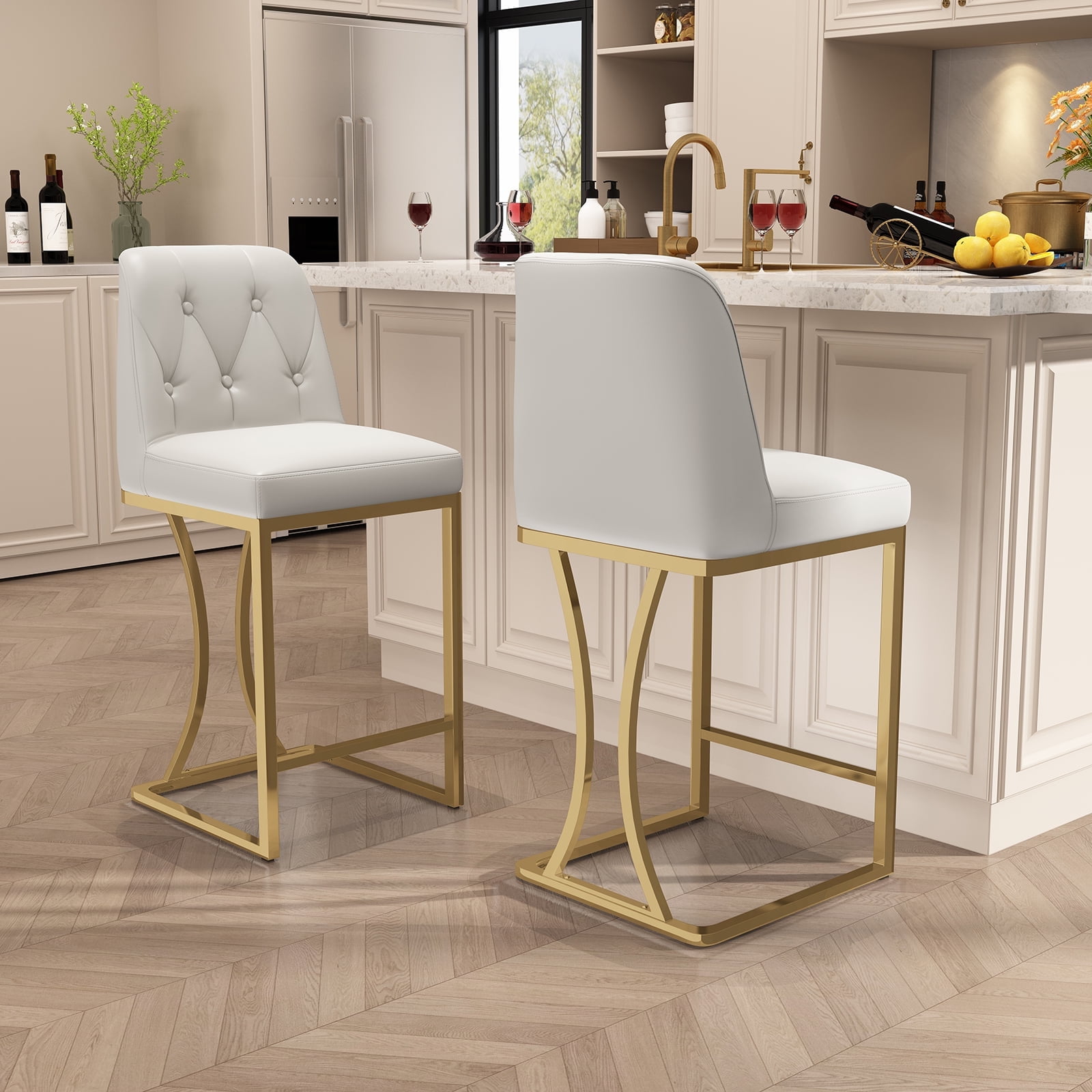 Solfway 24" Counter Height Bar Stools Set of 2, White Leather Counter ...