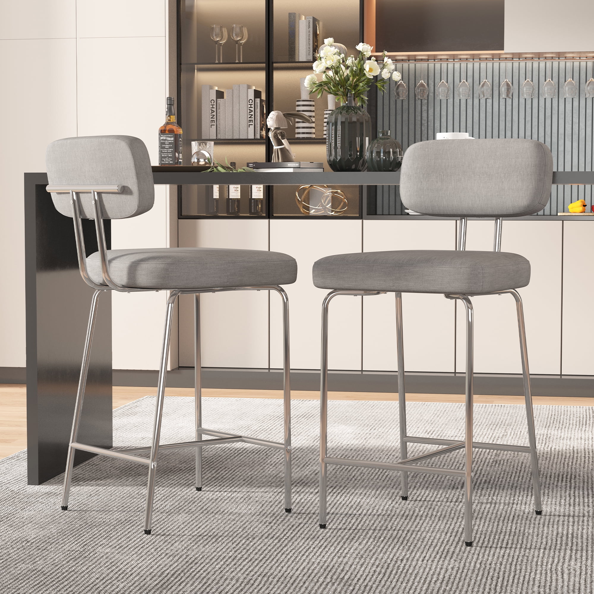 Solfway Counter Height Bar Stools Set of 2, 26" Gray Fabric Kitchen ...
