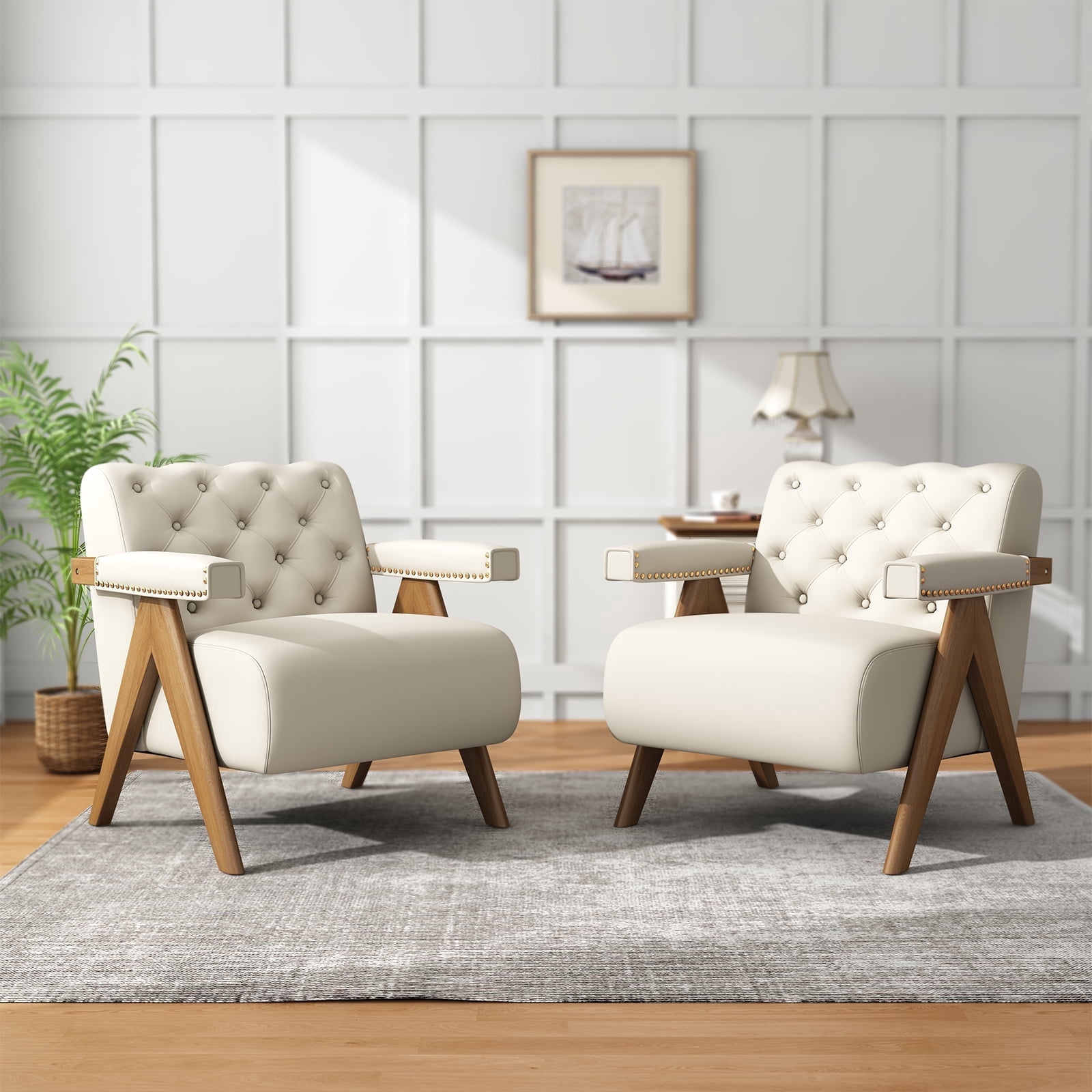 Solfway Accent Chairs Set of 2, Mid-Century Modern Beige Tufted Velvet ...