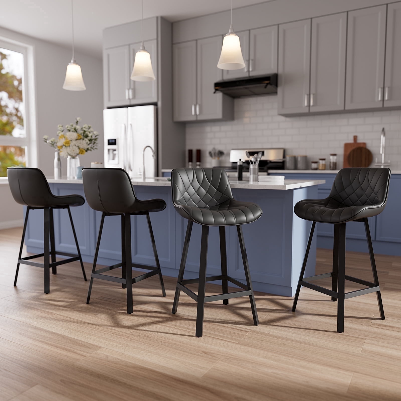 Genpo Bar Stools Set of 4, 26 Inch Barstools with Metal Legs, Black ...
