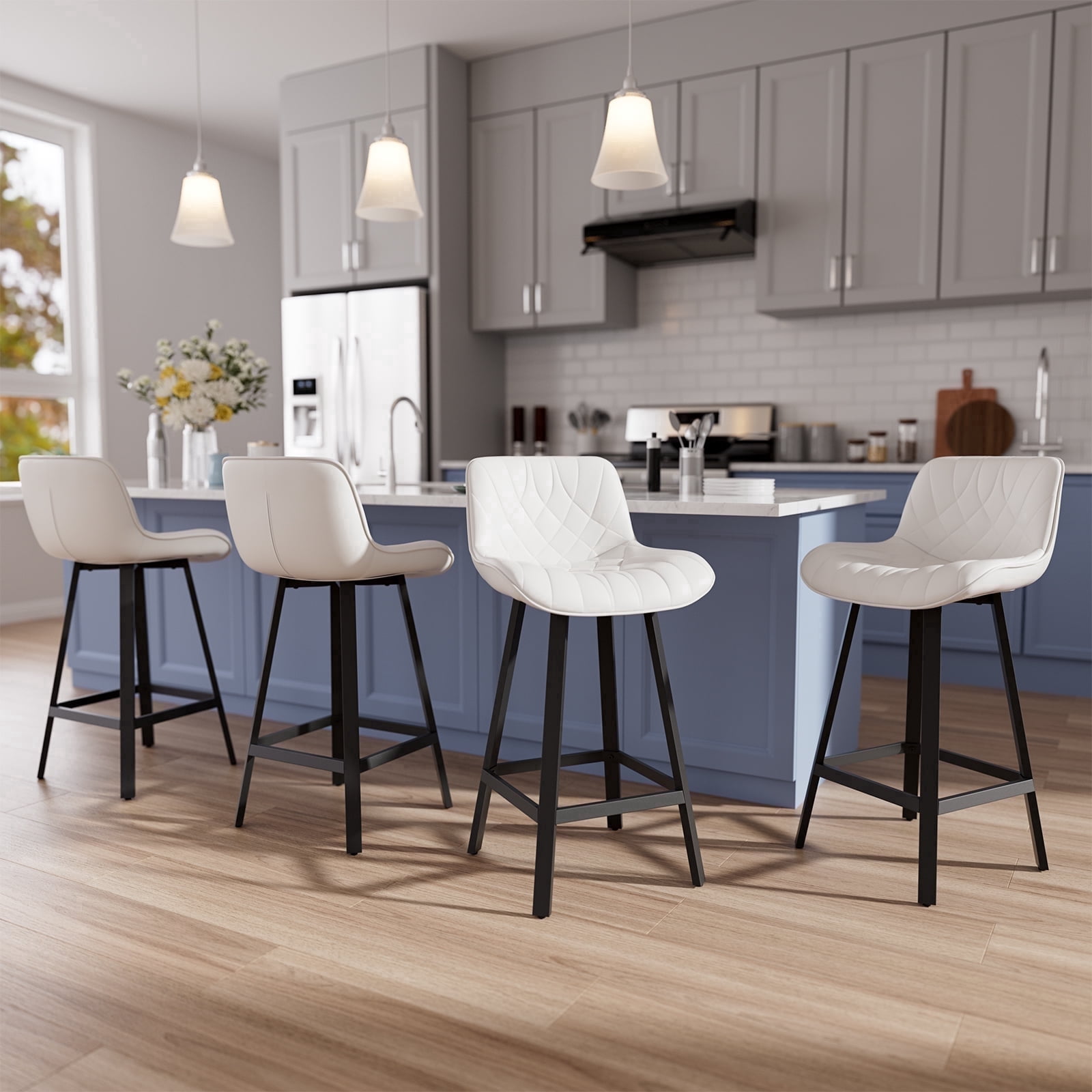 Genpo Bar Stools Set of 4, 26 Inch Barstools with Metal Legs, White ...