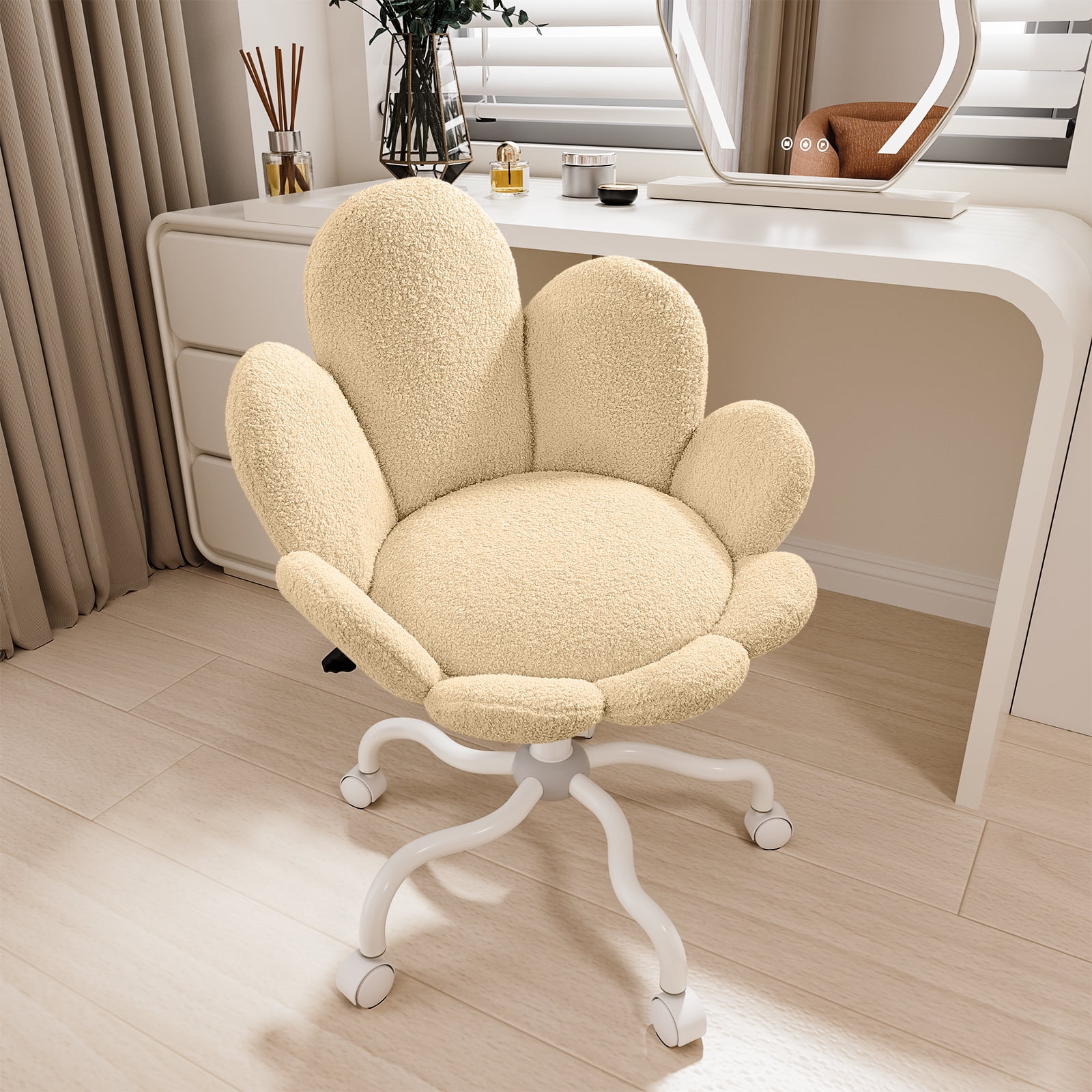 Solfway Beige Vanity Chair with Wheels and Back, Cute Daisy Flower ...