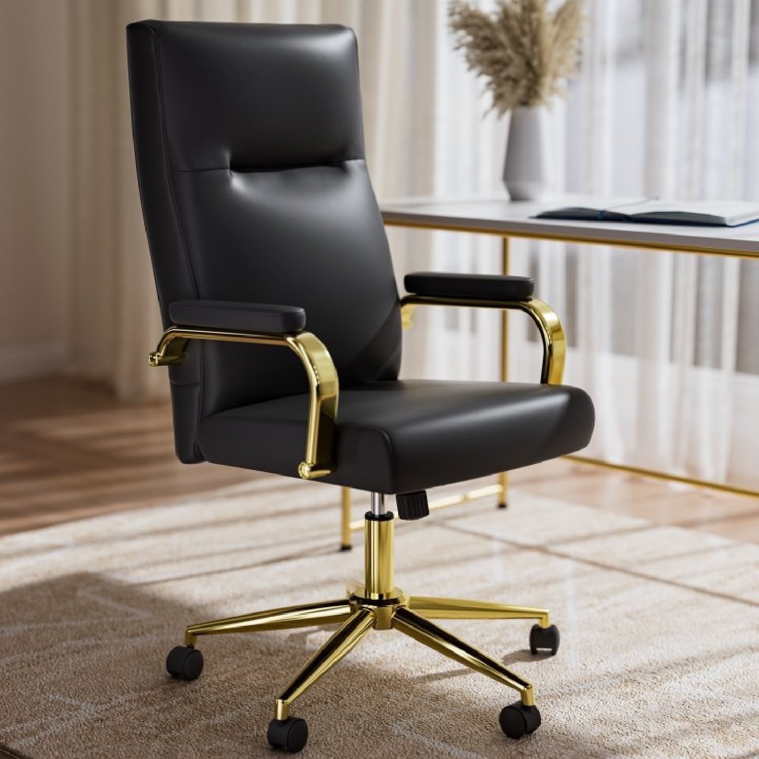 Solfway Black and Gold Office Chair Memory Foam, Black Leather Computer ...
