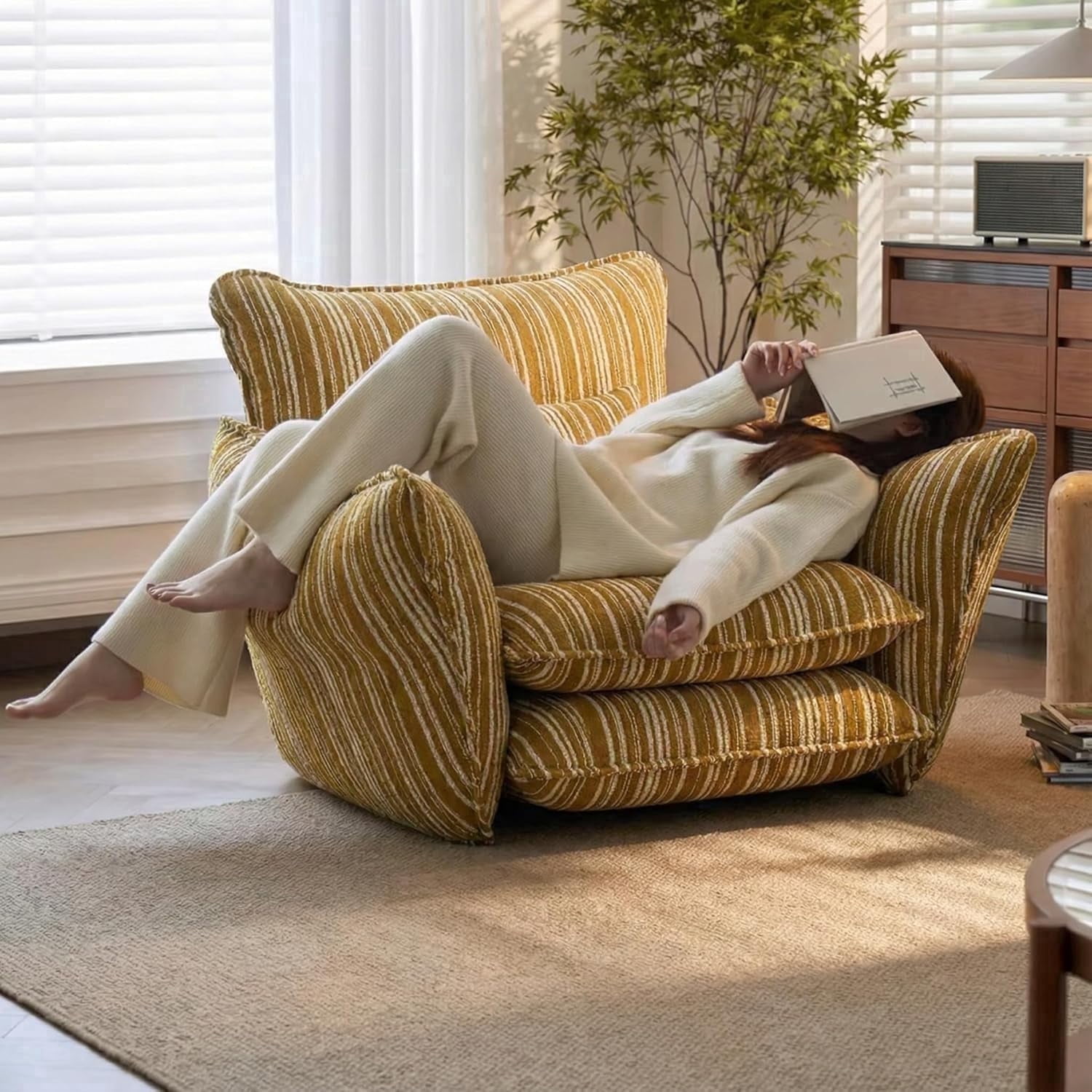 Genpo Oversized Chenille Accent Chair with Lumbar Pillow, Wide Armrests ...
