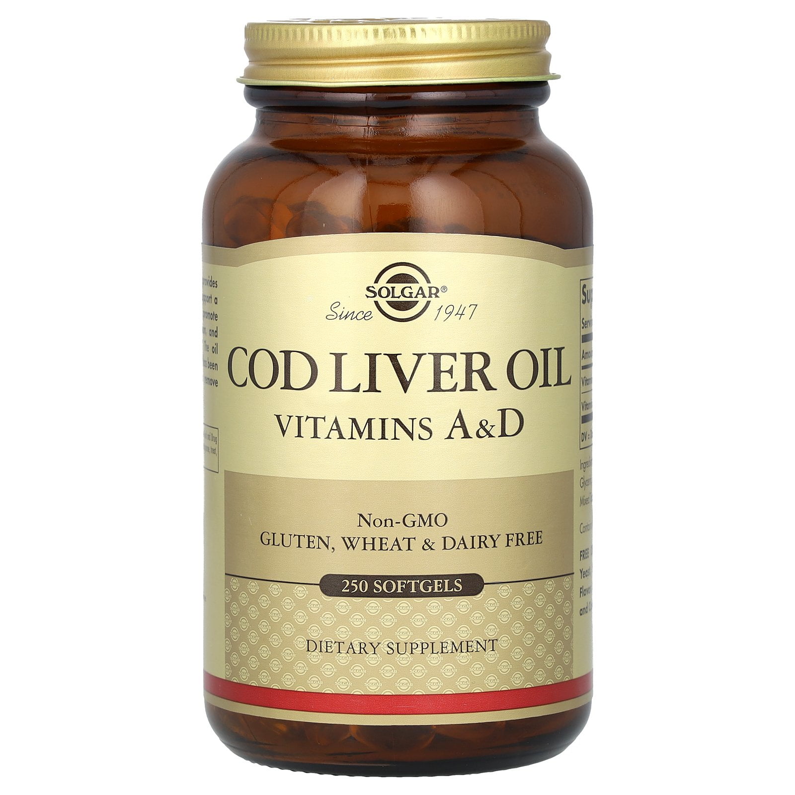 Solgar Cod Liver Oil Gel Capsules, Vitamin A & D Supplement, 250 ...