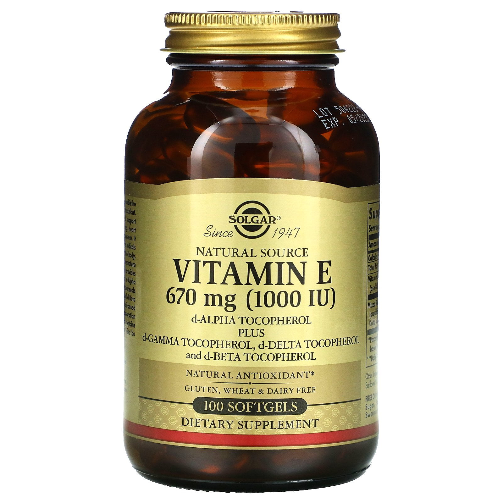 Solgar Natural Source Vitamin E, 670 mg (1,000 IU), 100 Softgels ...