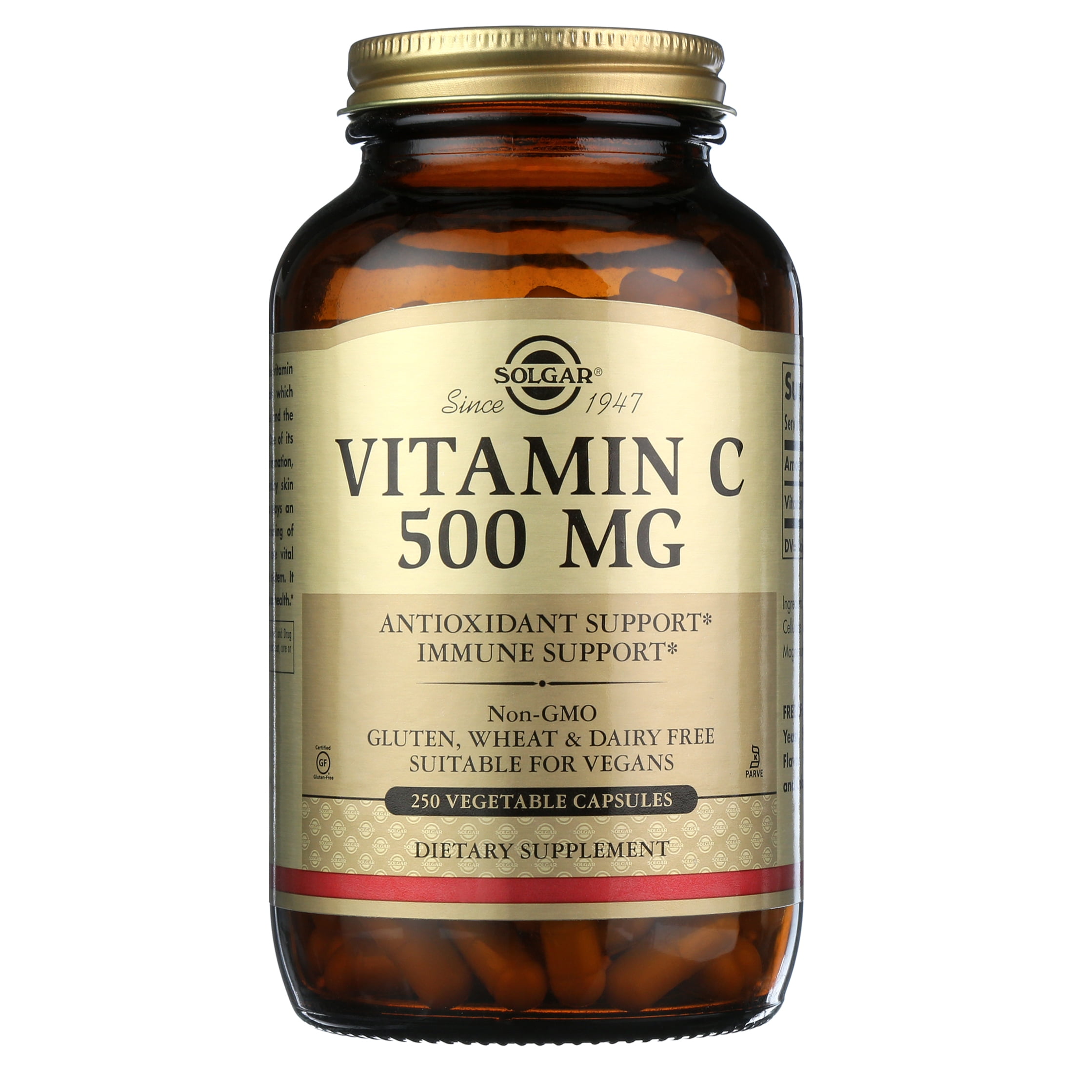 Solgar Vitamin C 500mg, 250 Vegetarian Capsules - Promotes Collagen ...