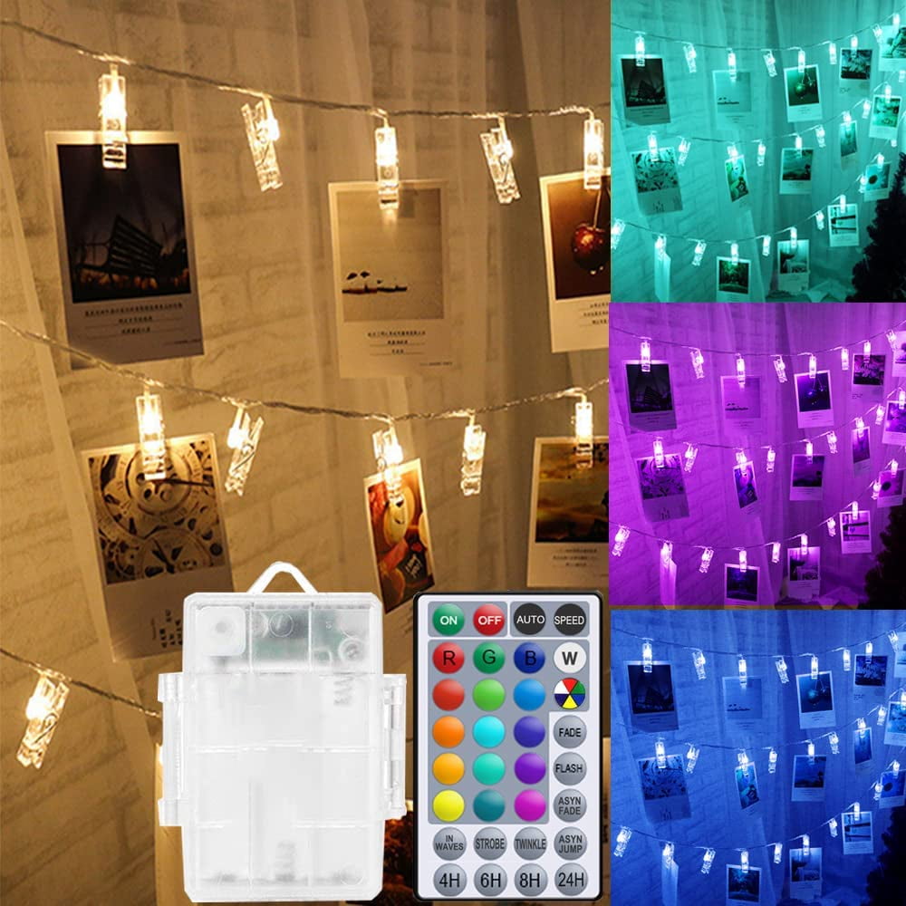 Solhice LED Photo Clips String Lights, RGB, 20 Clips, 10ft, Battery ...
