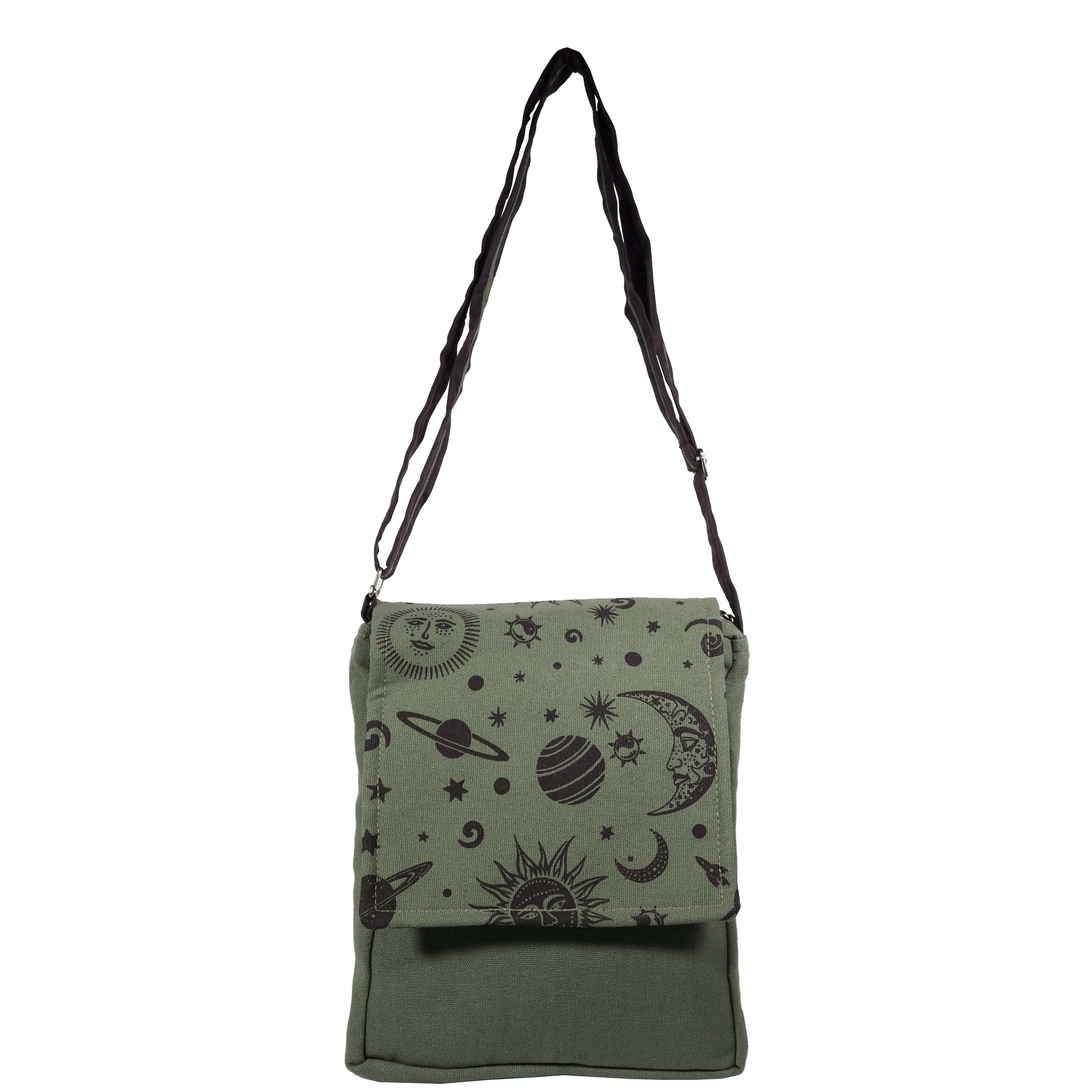SoliVisk Sun Moon Stars and Planets Green Flap Over Hippie Shoulder Bag ...