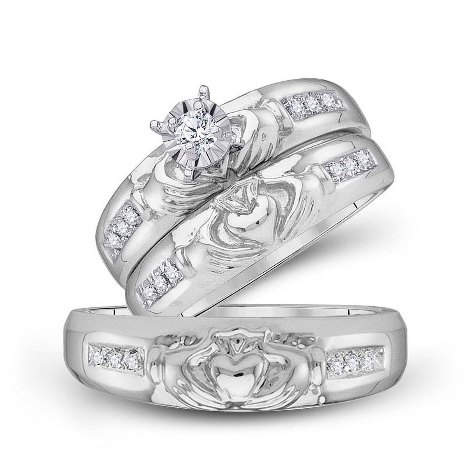 Solid 10K White Gold His and Hers Diamond Trio Three Rings Set Irish Claddagh Celtic Love ...