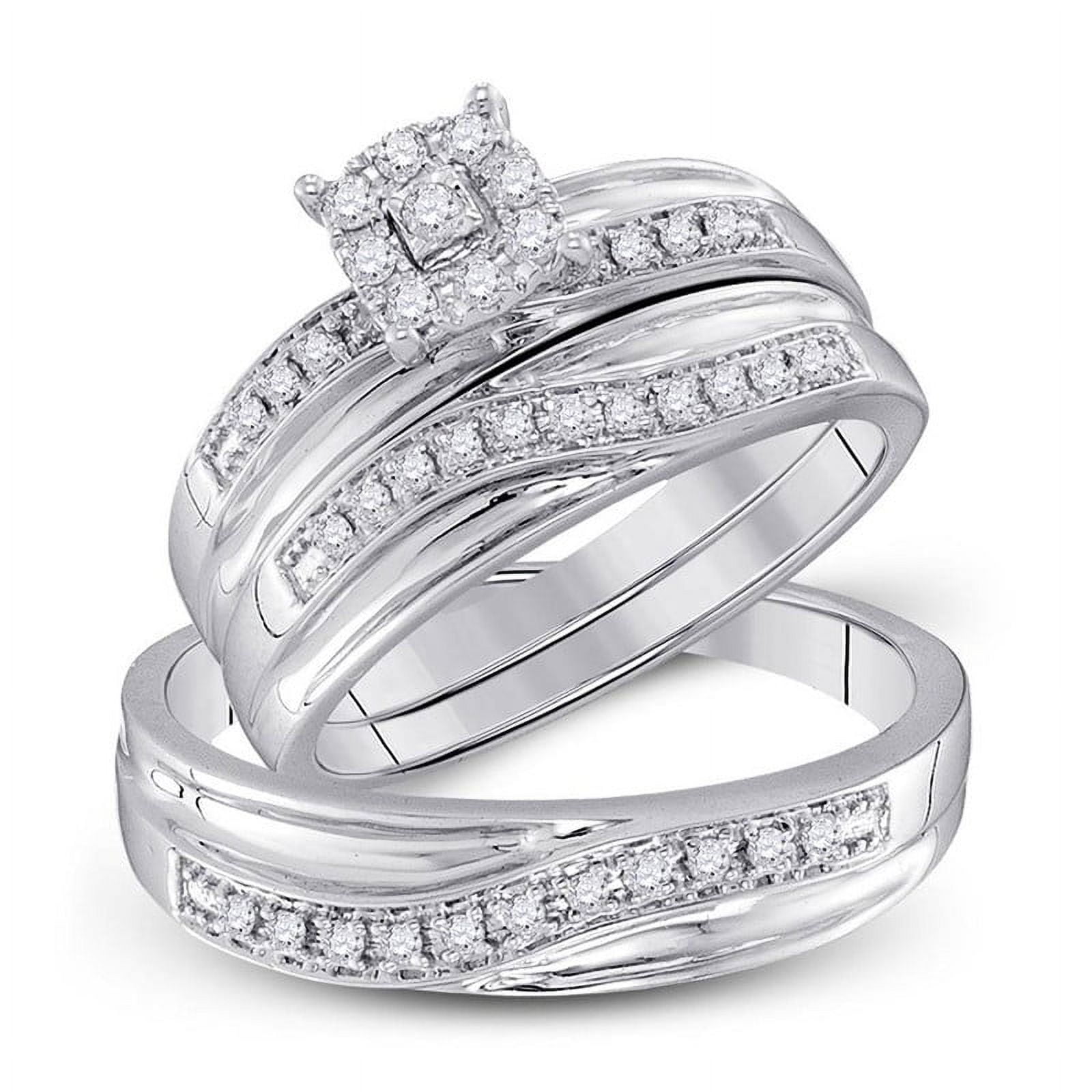 Solid 10K White Gold His and Hers Real Natural Diamond Trio Three Rings Set Solitaire Matching ...