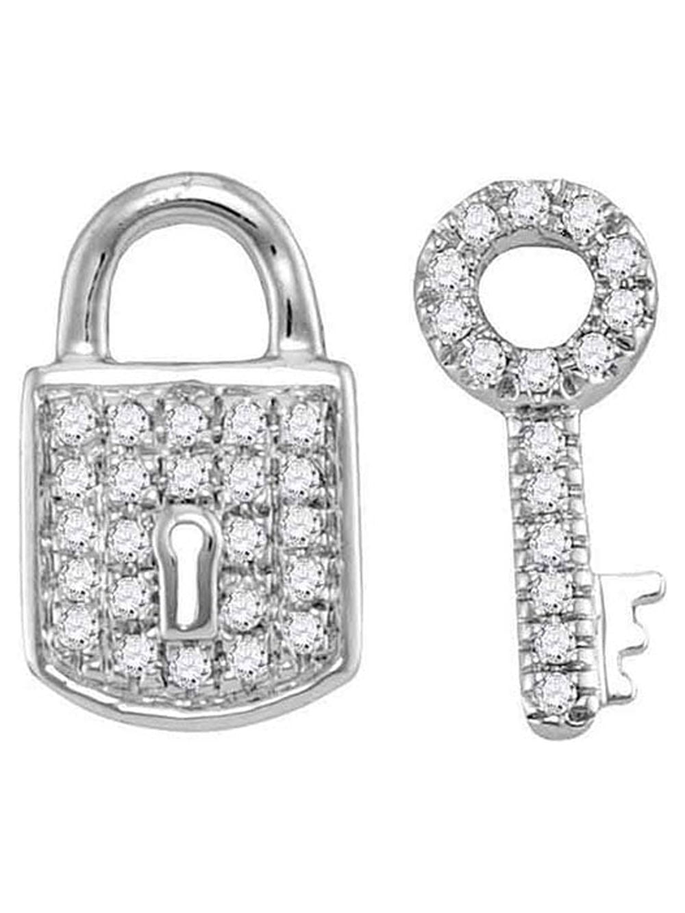 Solid 10k White Gold Round Diamond Lock & Key Earrings 1/10 Ct ...