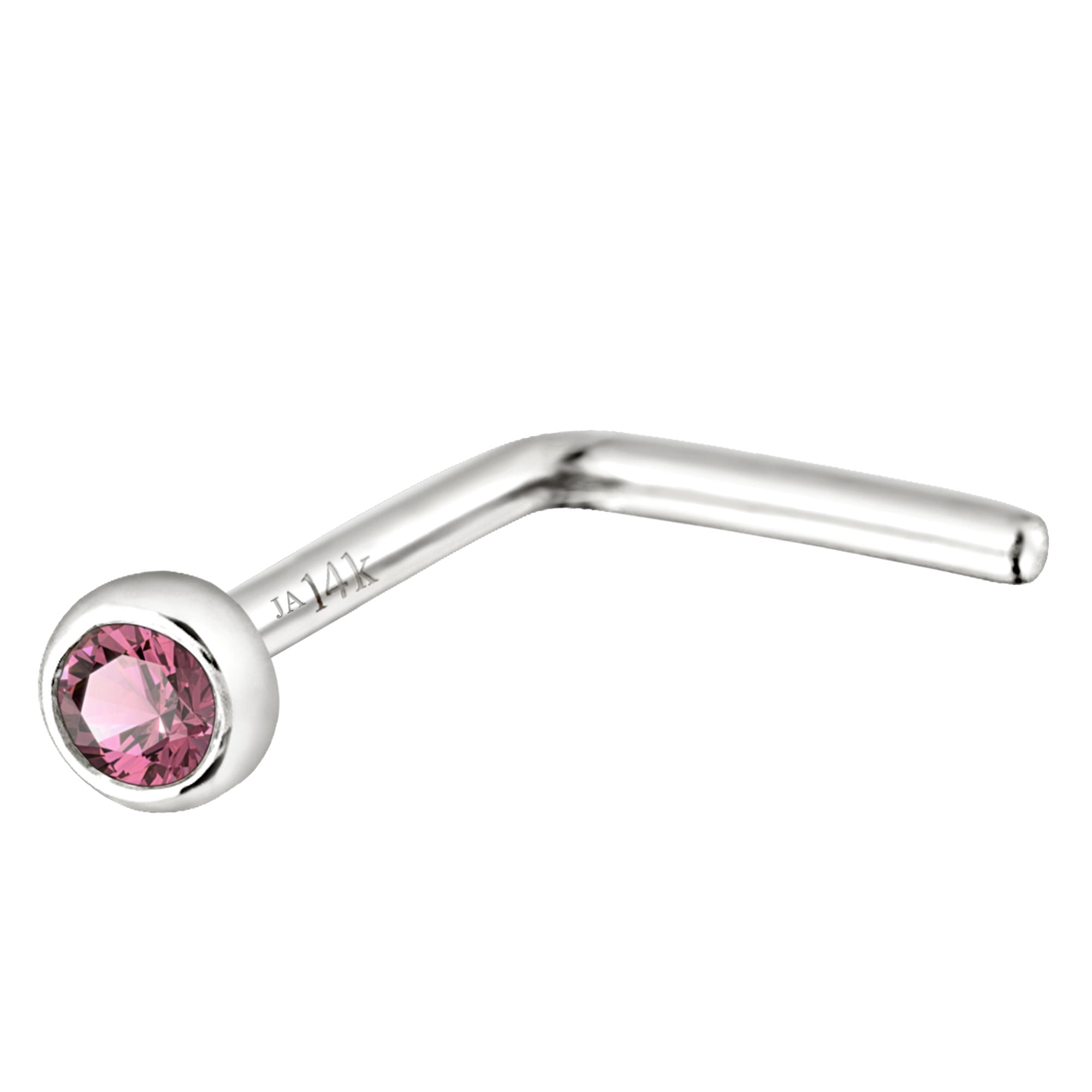 Solid 14K White Gold L-Shape Stud Bezel Set 1.5mm Pink Tourmaline 22G L ...