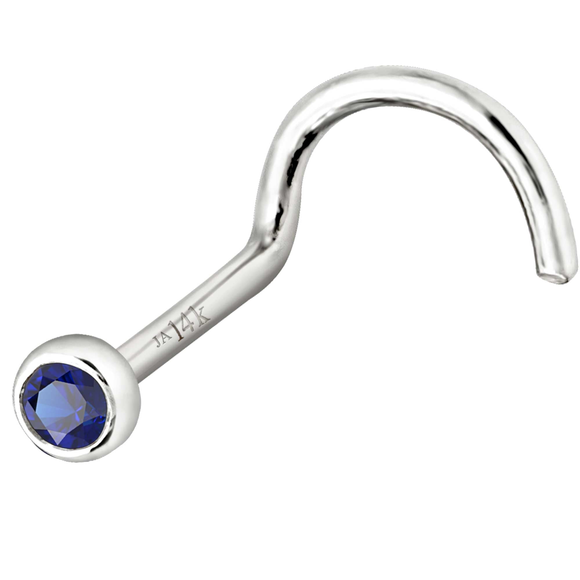 Solid 14K White Gold Nose Screw Stud Bezel Set 1.5mm Blue Sapphire 22G ...