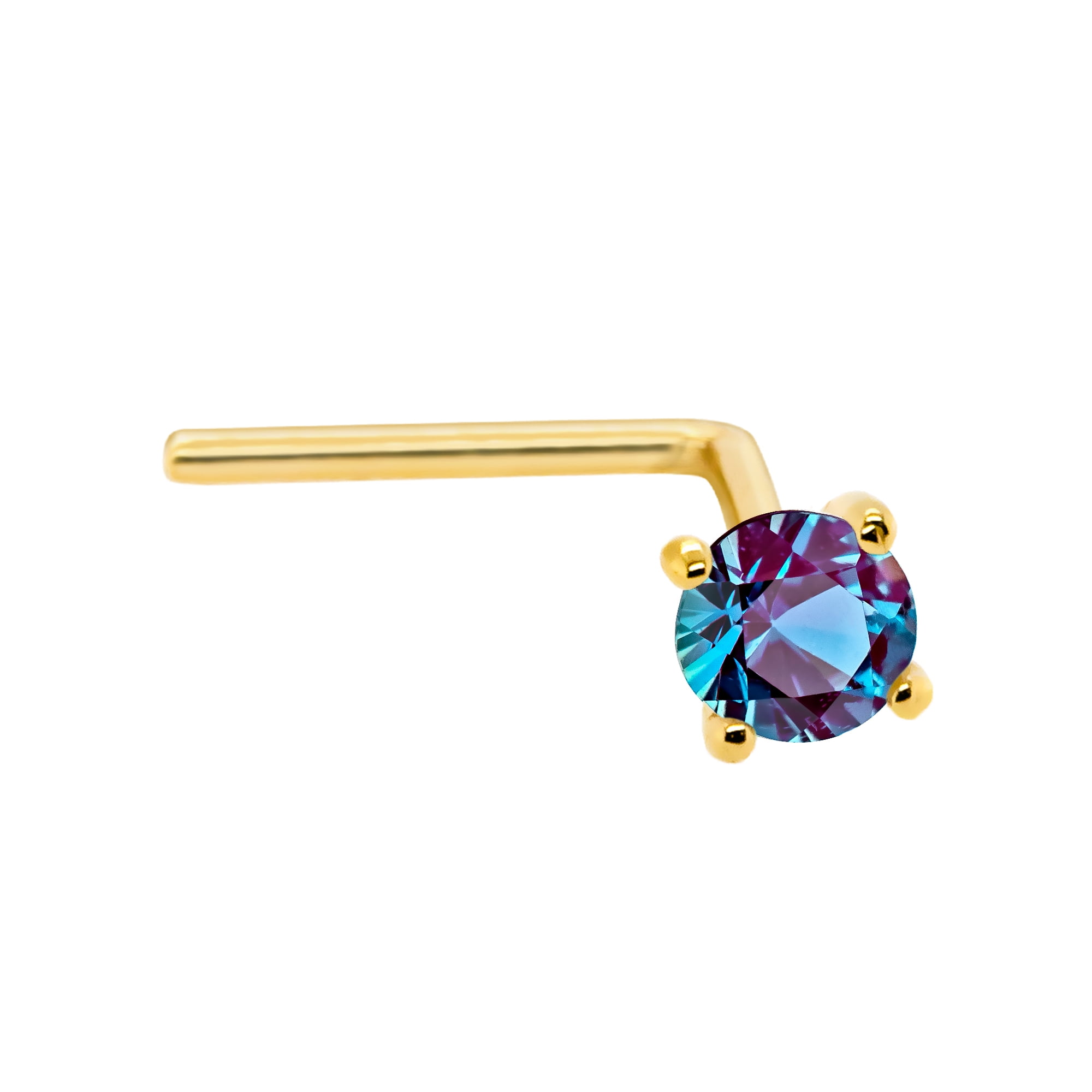 Solid 14K Yellow Gold L-Shape Stud 2.5mm Lab-Alexandrite 22G L-bend ...