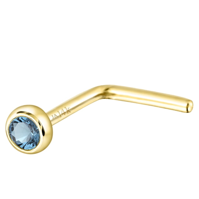 Solid 14K Yellow Gold L-Shape Stud Bezel Set 2mm Aquamarine 22G L-Bend ...