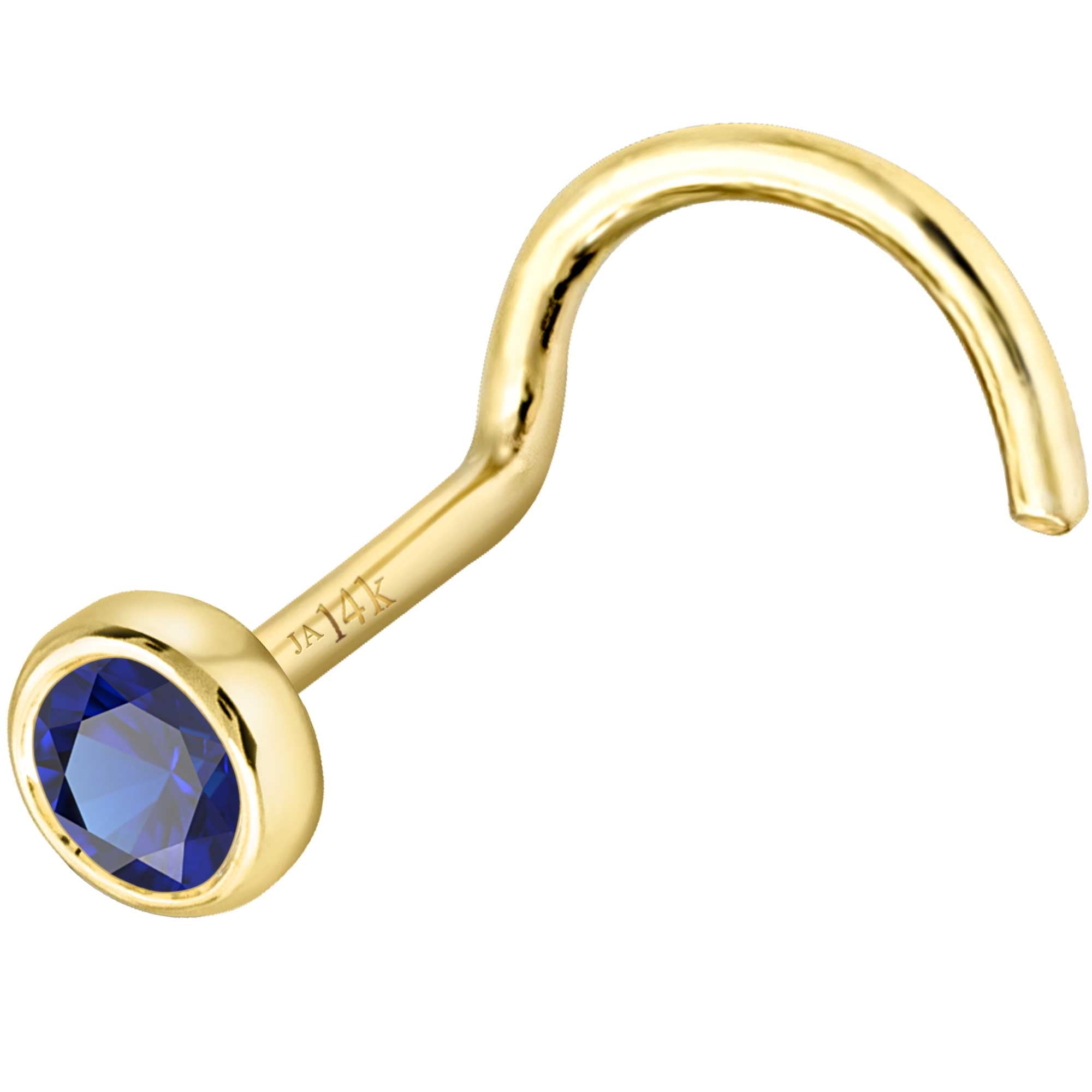 Solid 14K Yellow Gold Nose Screw Stud Bezel Set 3mm Blue Sapphire 22G ...