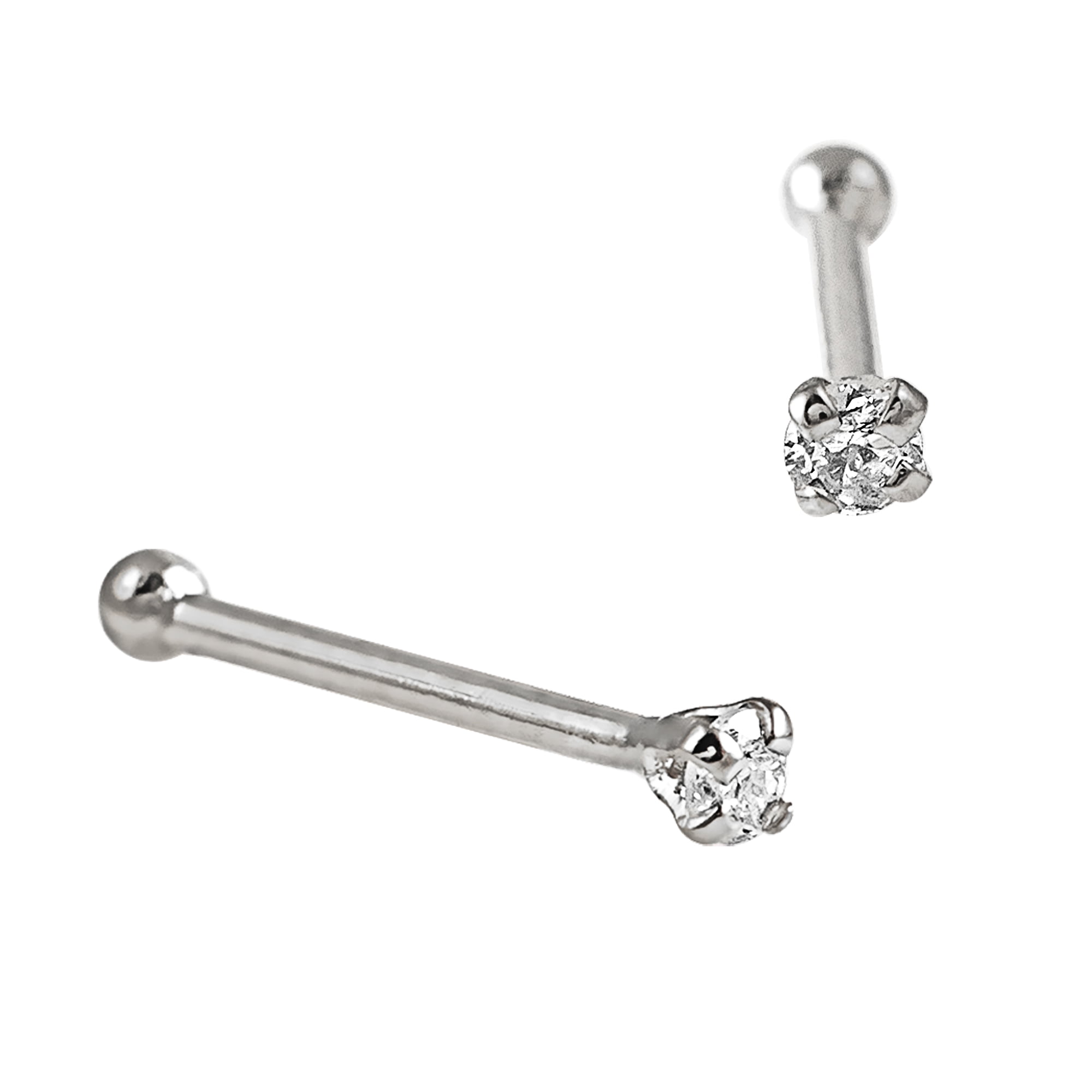 Solid 14Kt Gold Nose Bone Stud 22G Nose Bone Nose Stud 14kt Yellow Gold or 14kt White Gold Nose Ring Prong Set CZ Accent W1.5mm