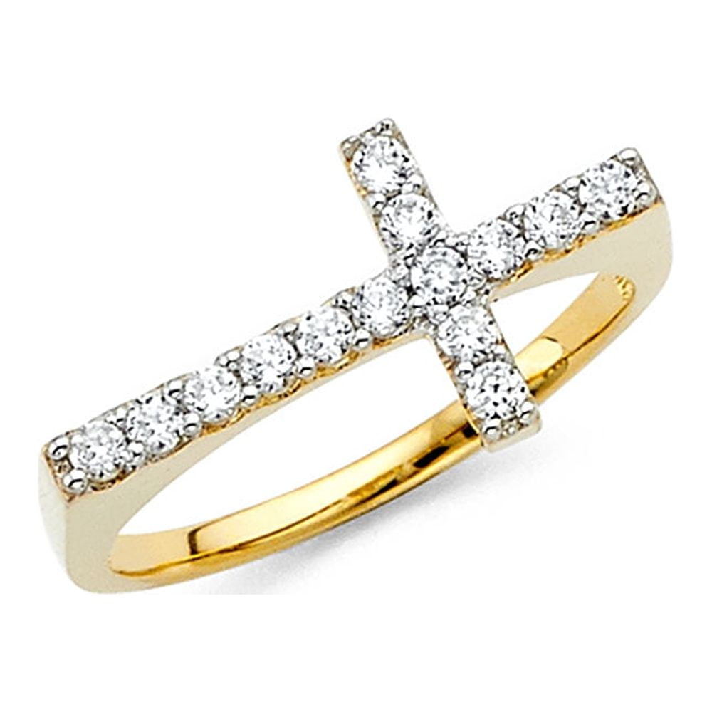 Solid 14k Yellow Gold Cross Ring CZ Band Religious Stylish Pave Set ...