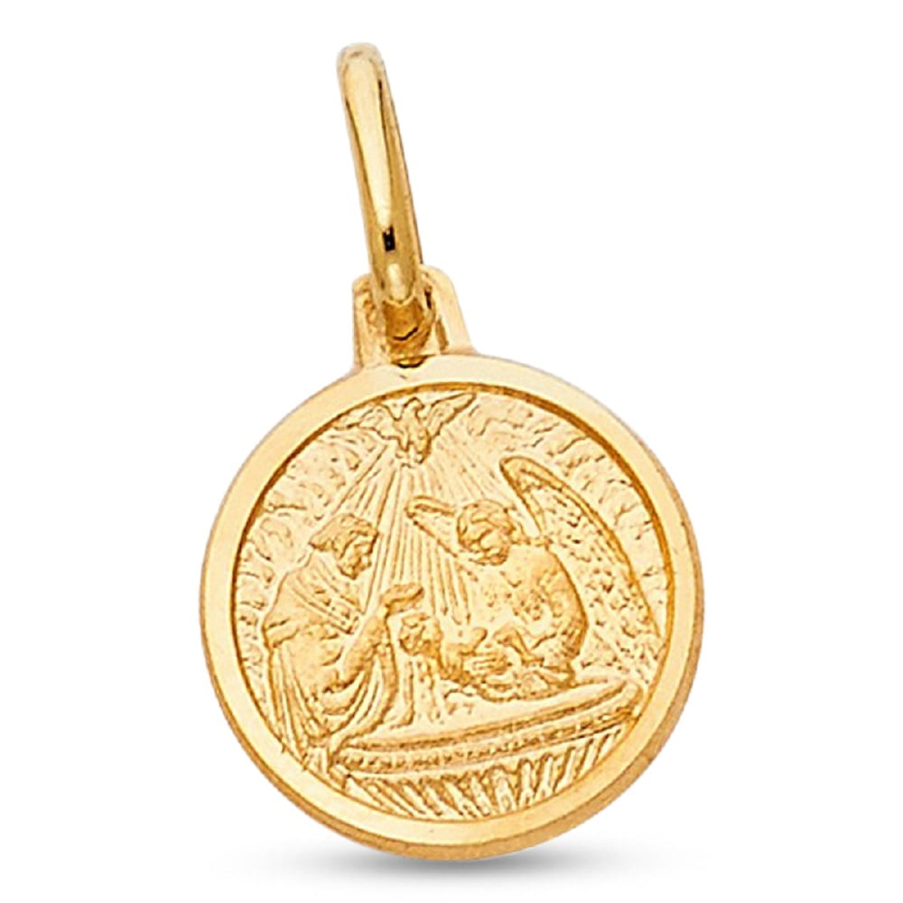 Solid 14k Yellow Gold Round Baptism Pendant Coin Charm Religious Design ...