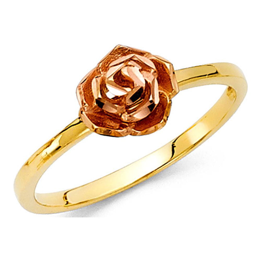 Solid 14k Yellow Rose Gold Rose Ring Flower Band Diamond Cut Stylish ...