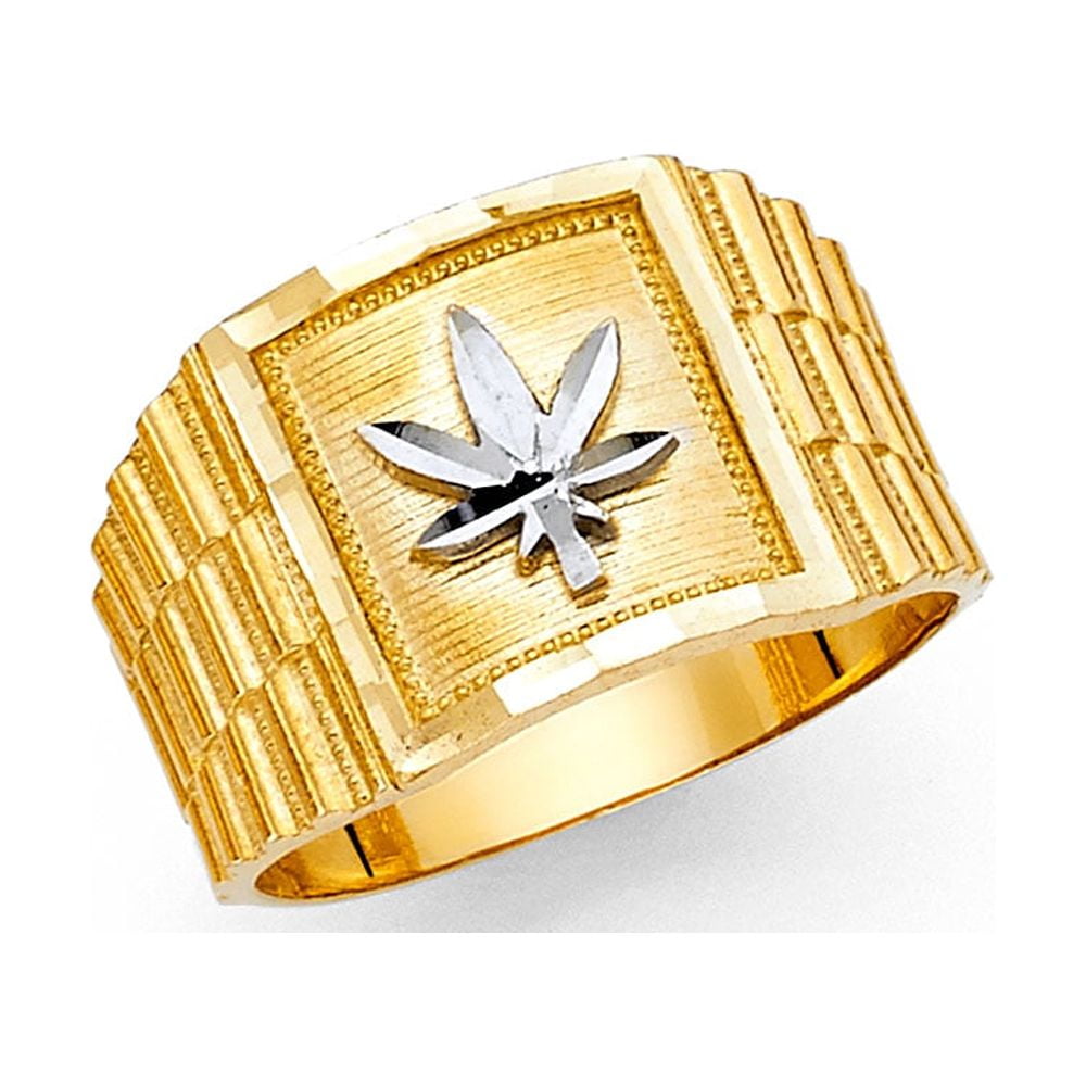 Solid 14k Yellow White Gold Mens Marijuana Ring Cannabis Leaf Band Two ...